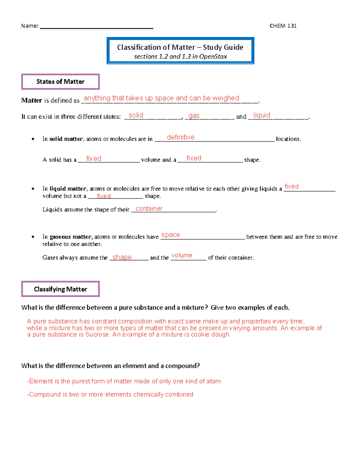 CH1 Classification of Matter Study Guide - Name: ___________________________________ CHEM 131 ...