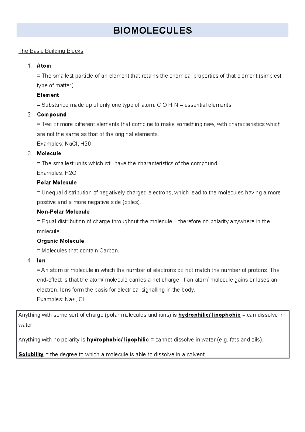 Physiology Notes - BIOMOLECULES The Basic Building Blocks Atom = The ...