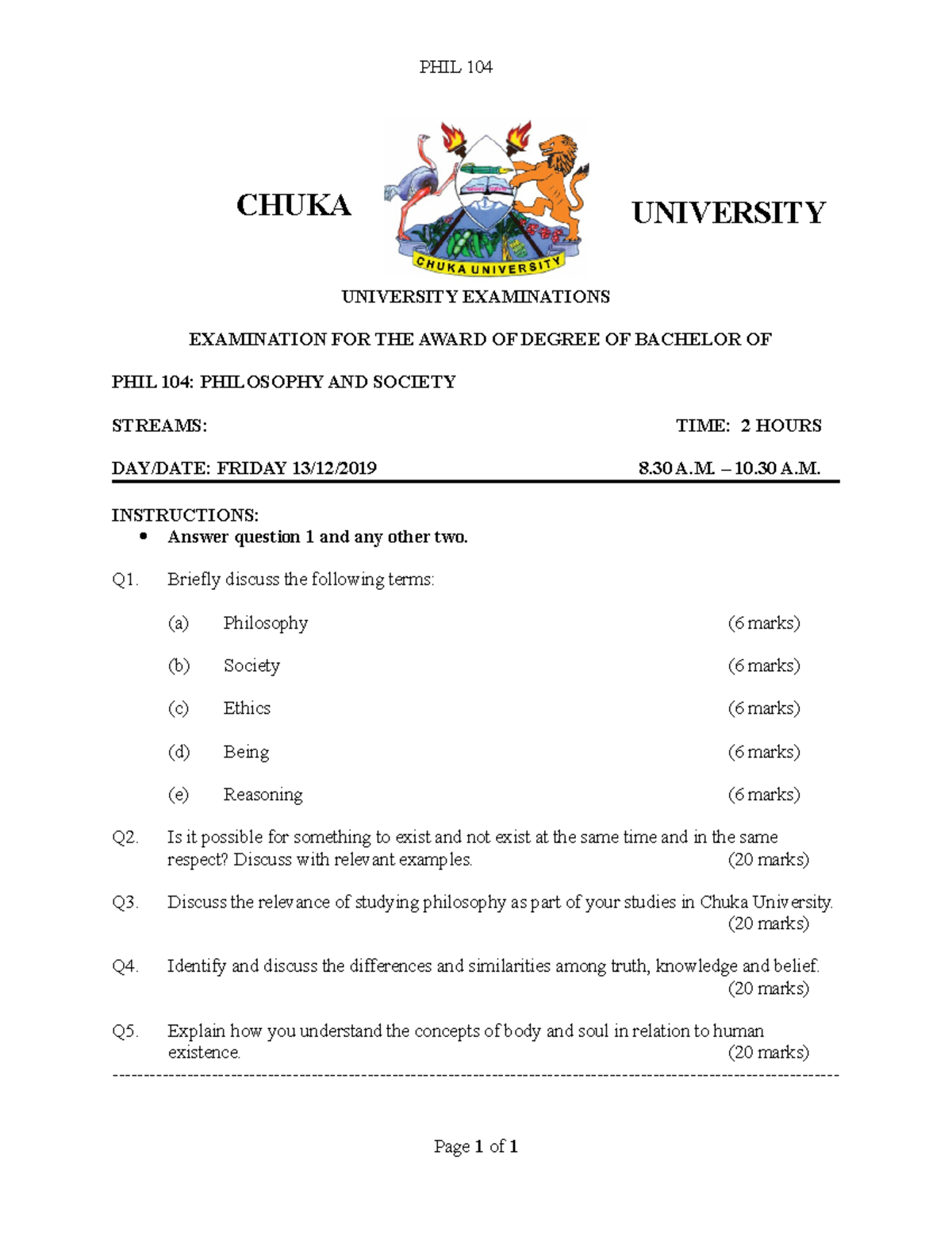 PHIL 104 - Revision material - PHIL 104 CHUKA UNIVERSITY UNIVERSITY ...