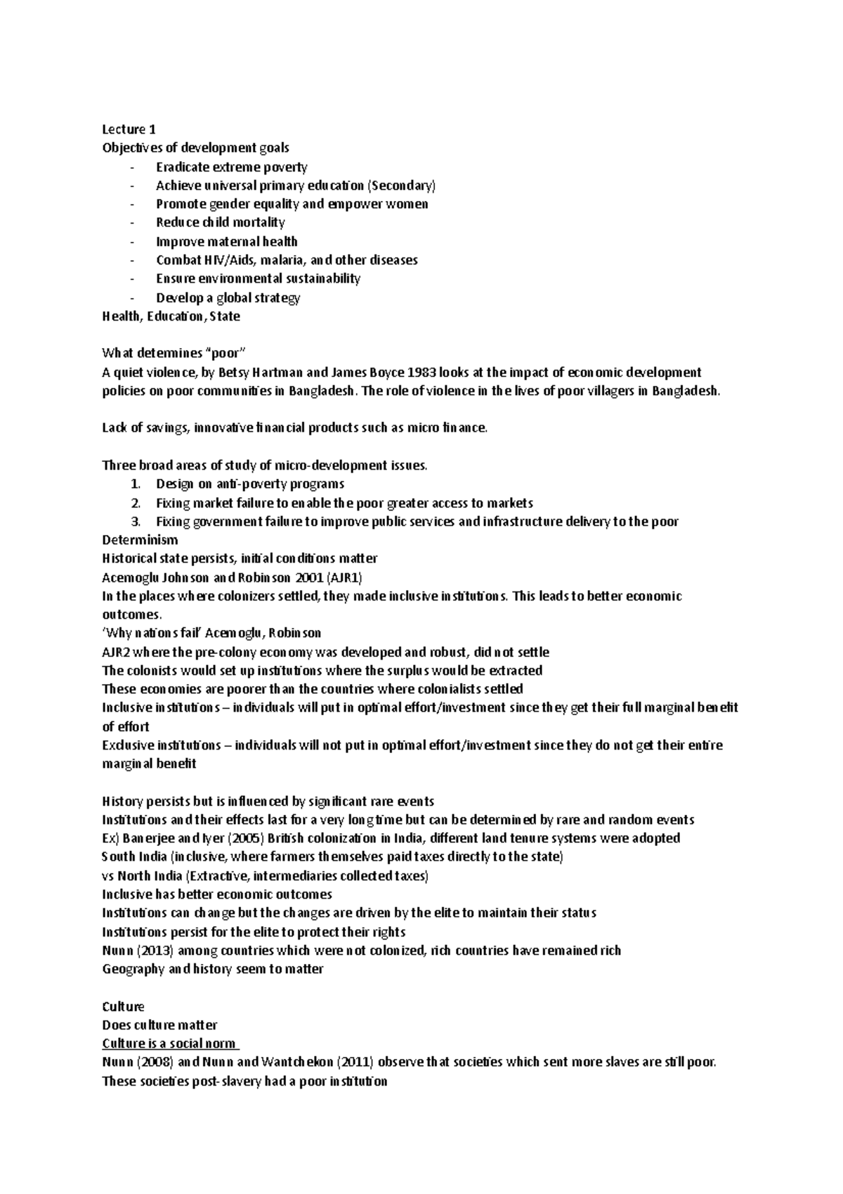1 - Development economics notes - Lecture 1 Objectives of development ...