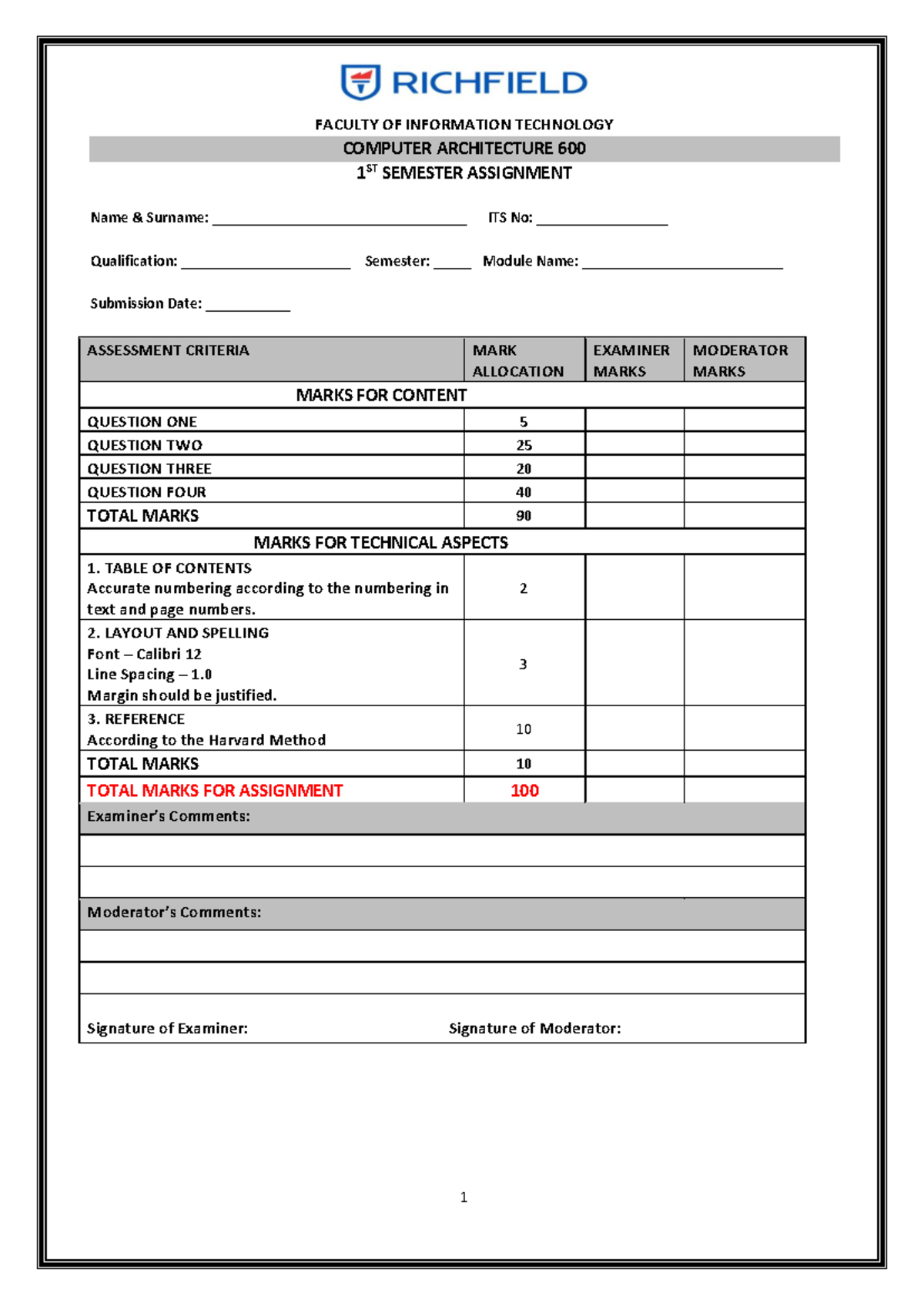 Computer Archtecture 600 Assignment 2 - 1 FACULTY OF INFORMATION ...