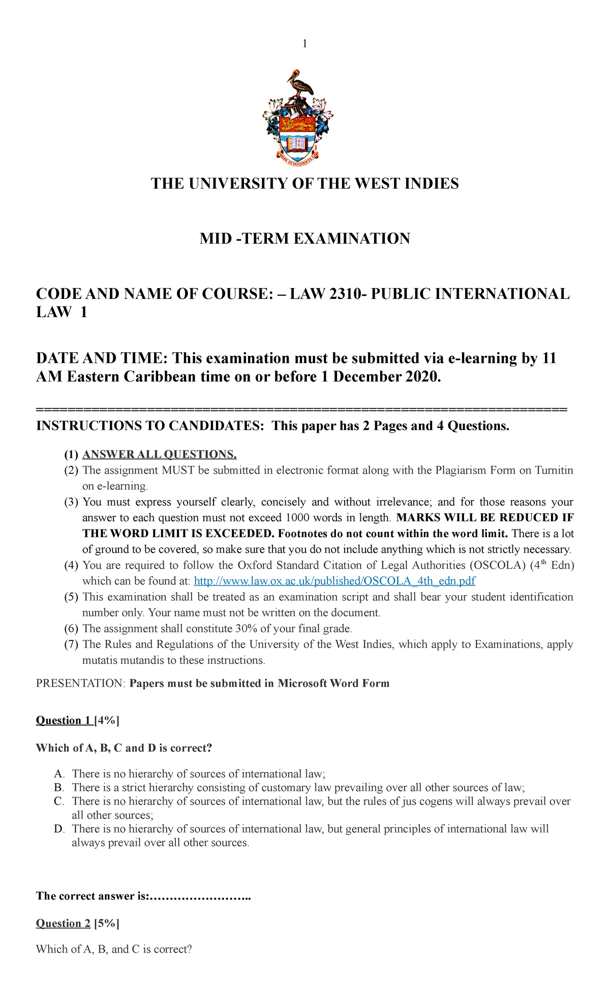 21 PIL mid-term Answers. - THE UNIVERSITY OF THE WEST INDIES MID -TERM ...