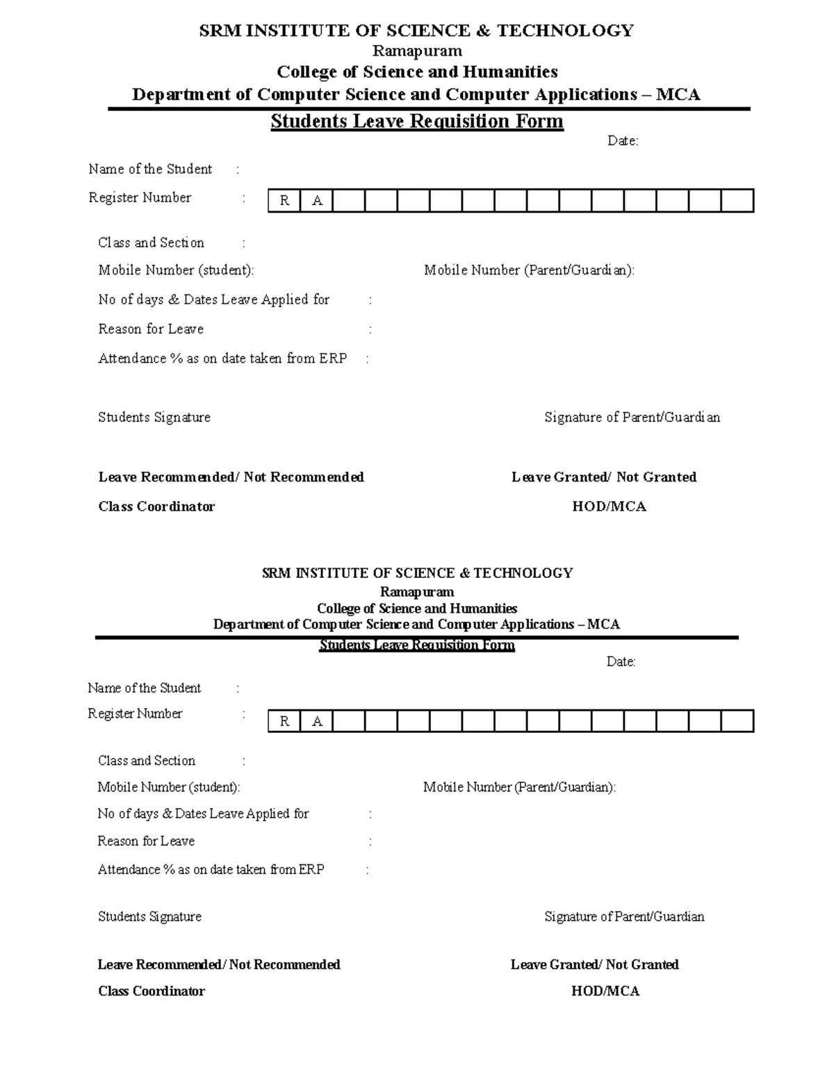 Students leave form final - SRM INSTITUTE OF SCIENCE & TECHNOLOGY ...