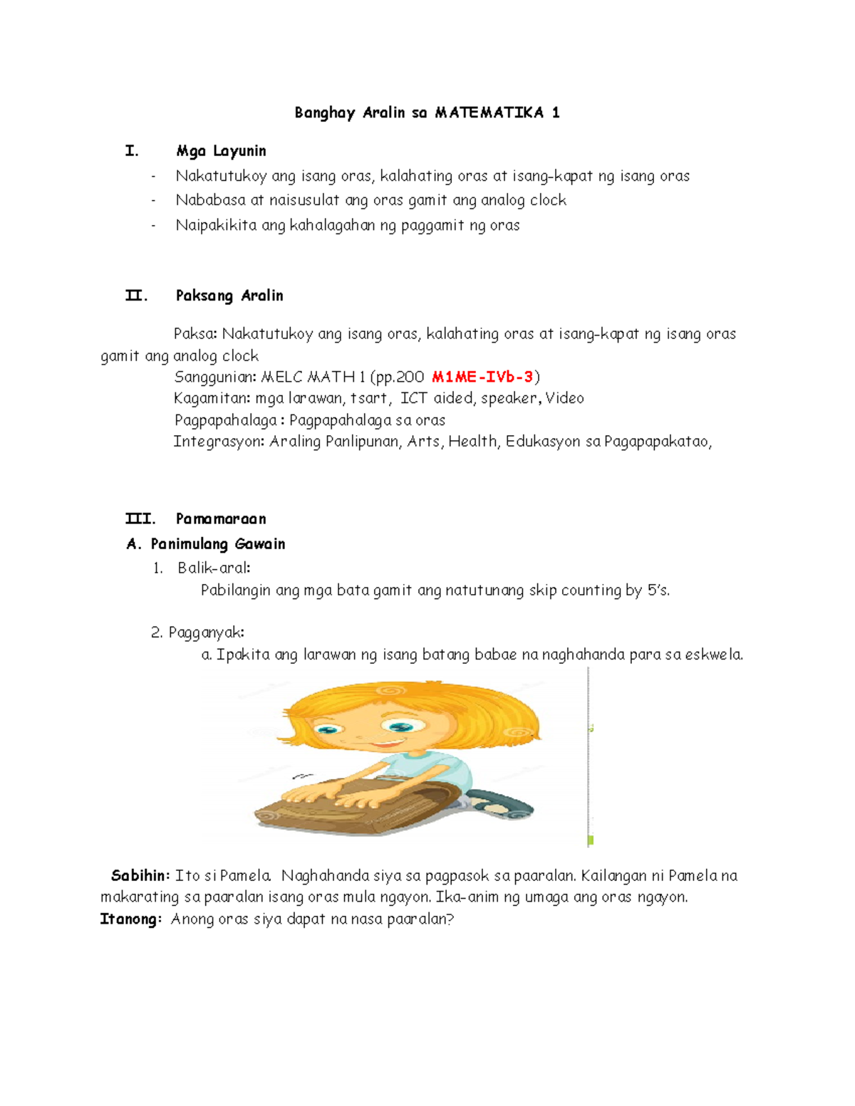 LP MATH - lesson plan - Banghay Aralin sa MATEMATIKA 1 I. Mga Layunin ...