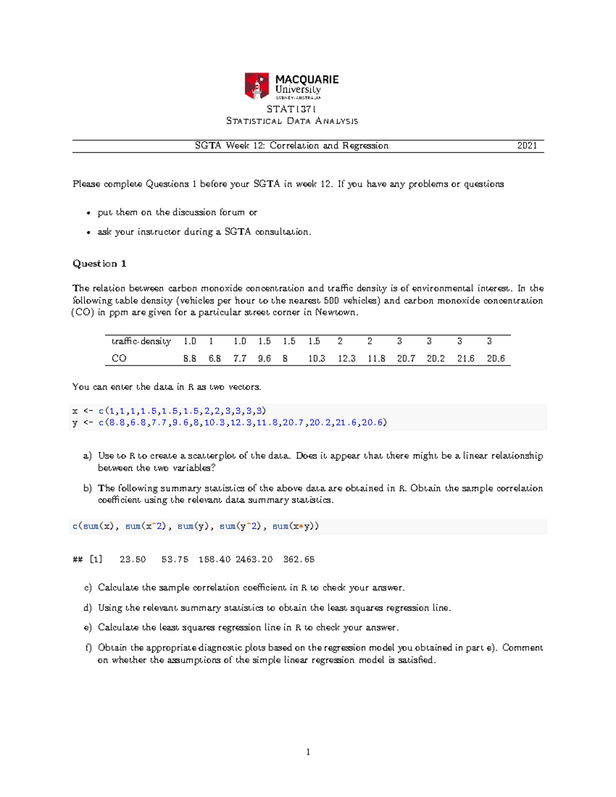 Stat1371 Sgta Week12 Stat Statistical Data Analysis Sgta Week 12 Correlation And Regression