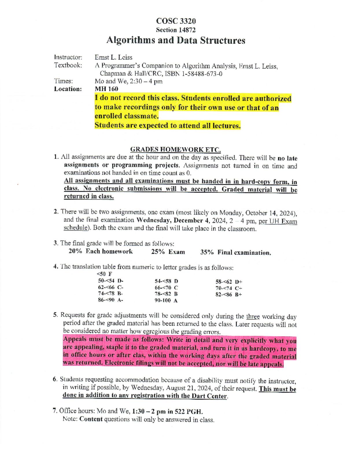 Scan - n/a - COSC 3320 Section 14872 Algorithms and Data Structures Instructor: Ernst L. Leiss ...