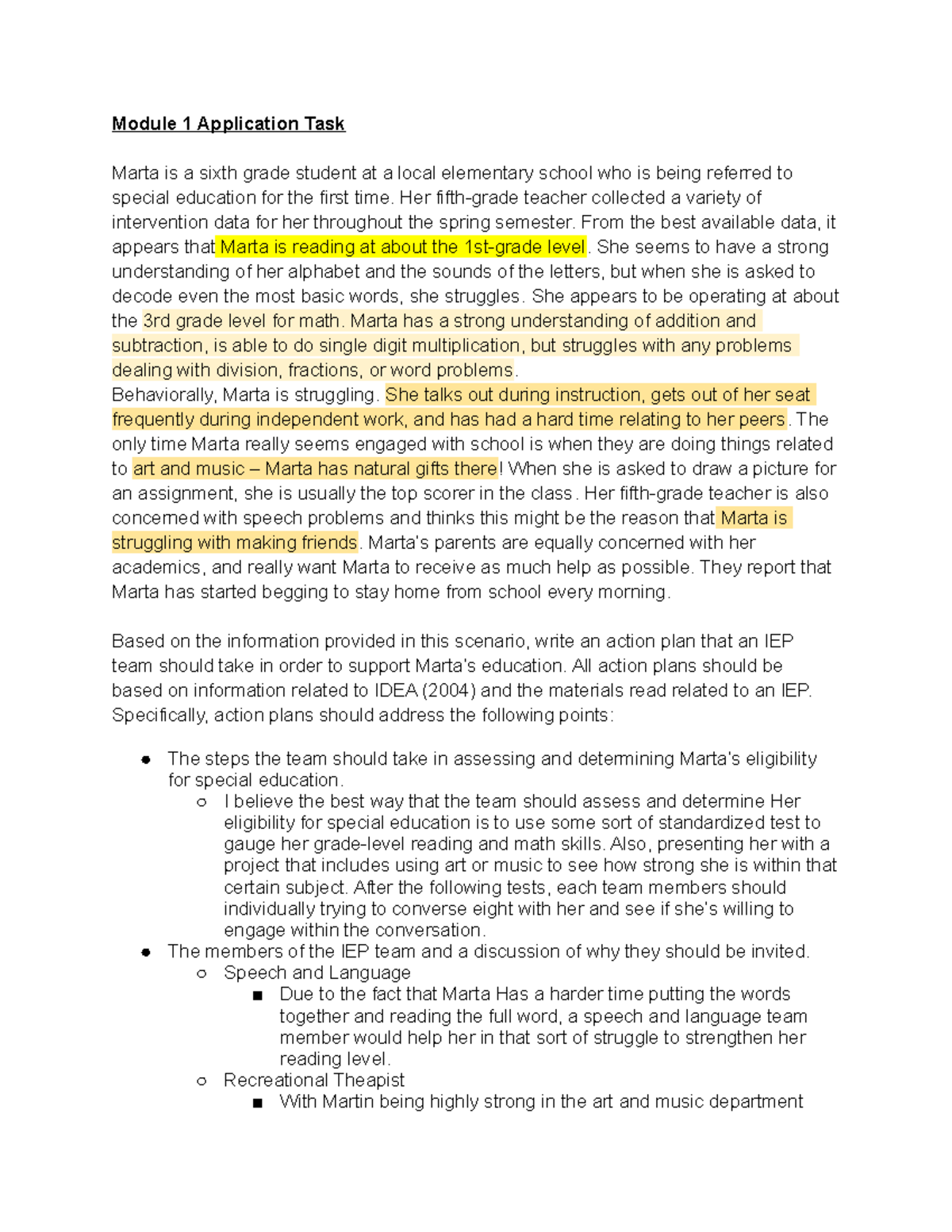 Module 1 Application Task - Module 1 Application Task Marta is a sixth ...