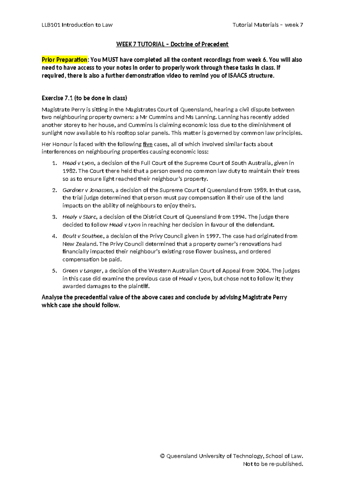 Week 7 Tutorial Activities - LLB101 Introduction to Law Tutorial ...