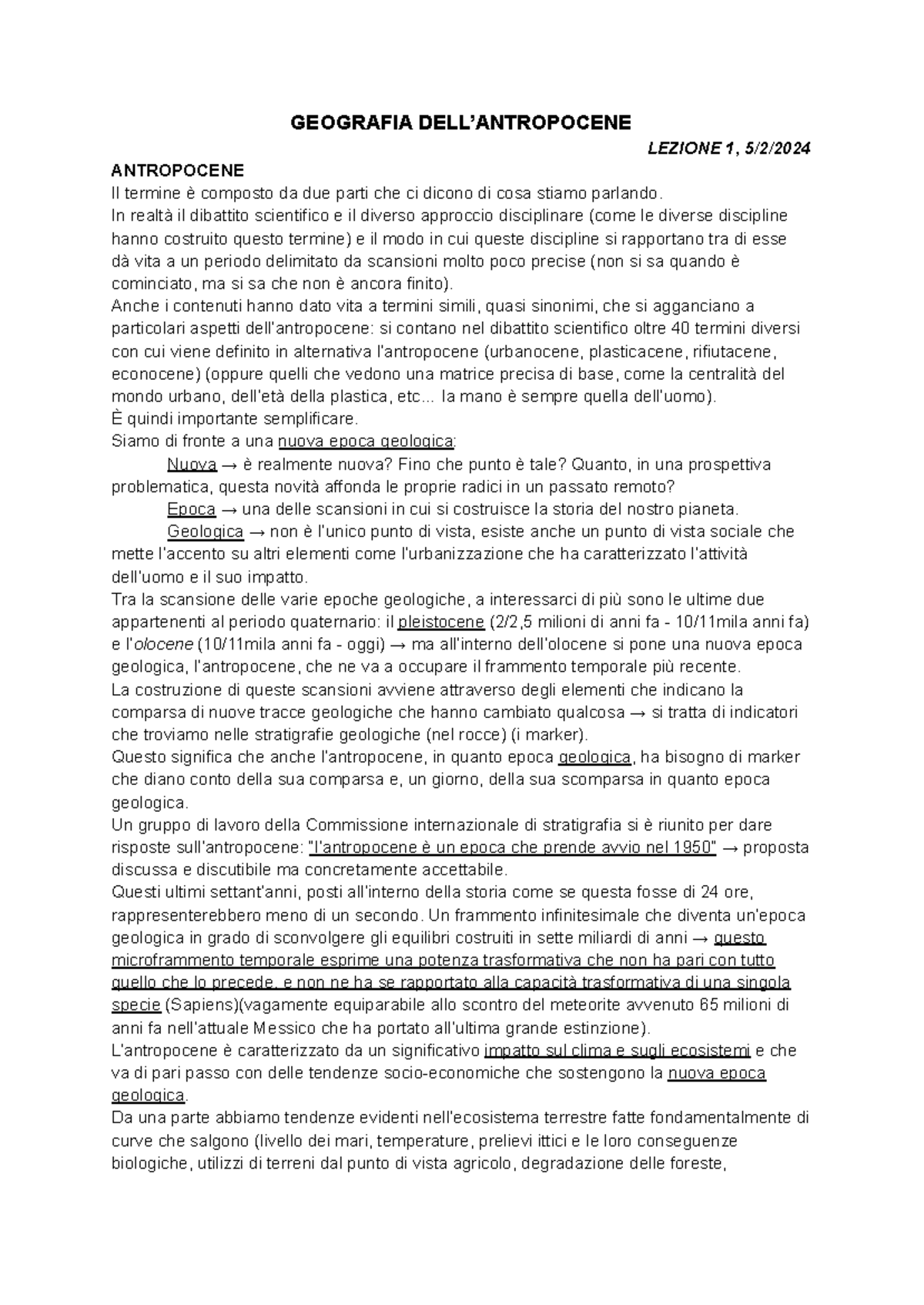 Geografia DELL’ Antropocene - GEOGRAFIA DELL’ANTROPOCENE LEZIONE 1, 5/2/ ANTROPOCENE Il termine ...