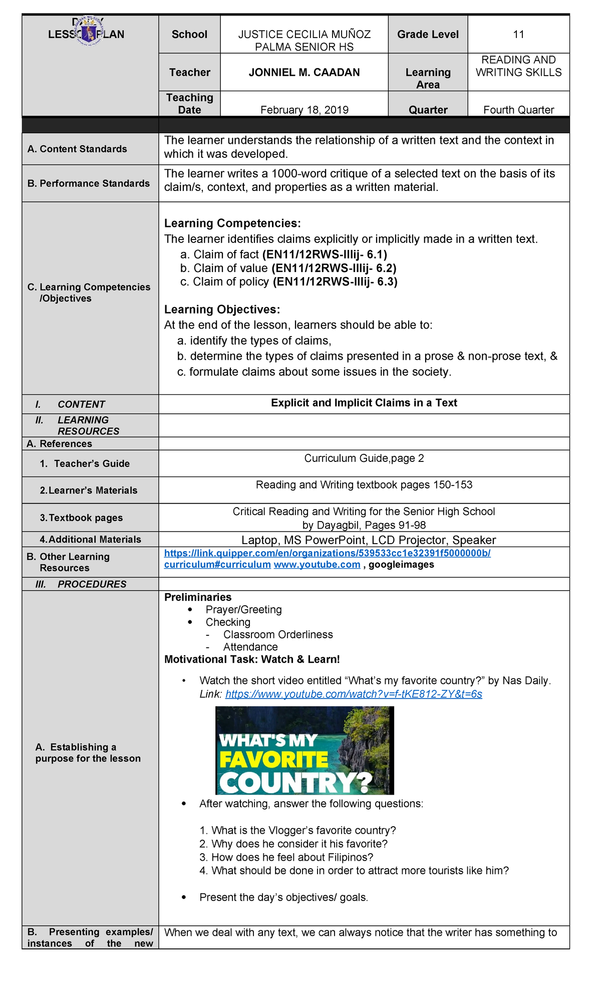 DLL-Claims-Final - DAILY LESSON PLAN School JUSTICE CECILIA MUÑOZ PALMA ...