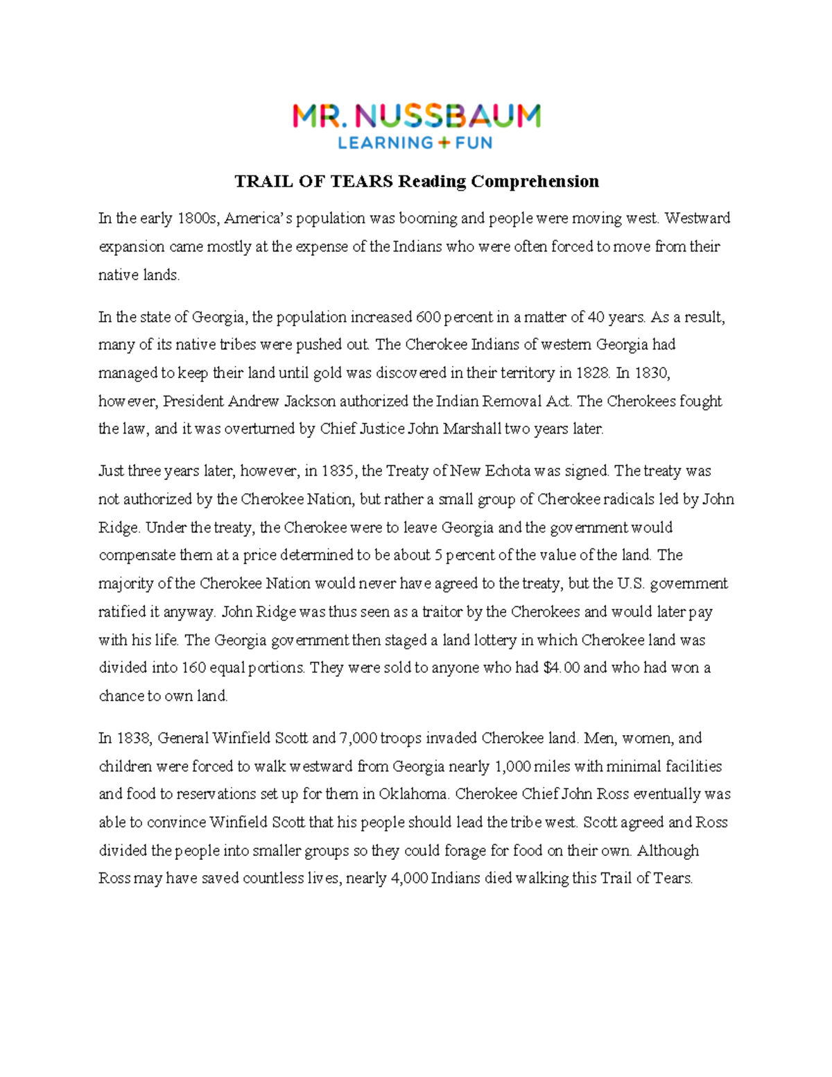 Trailoftears-grade 4 - TRAIL OF TEARS Reading Comprehension In the ...