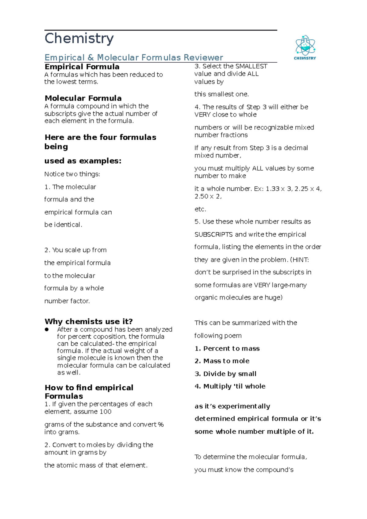 Empirical AND Molecular Formulas Reviewer - Chemistry Empirical ...