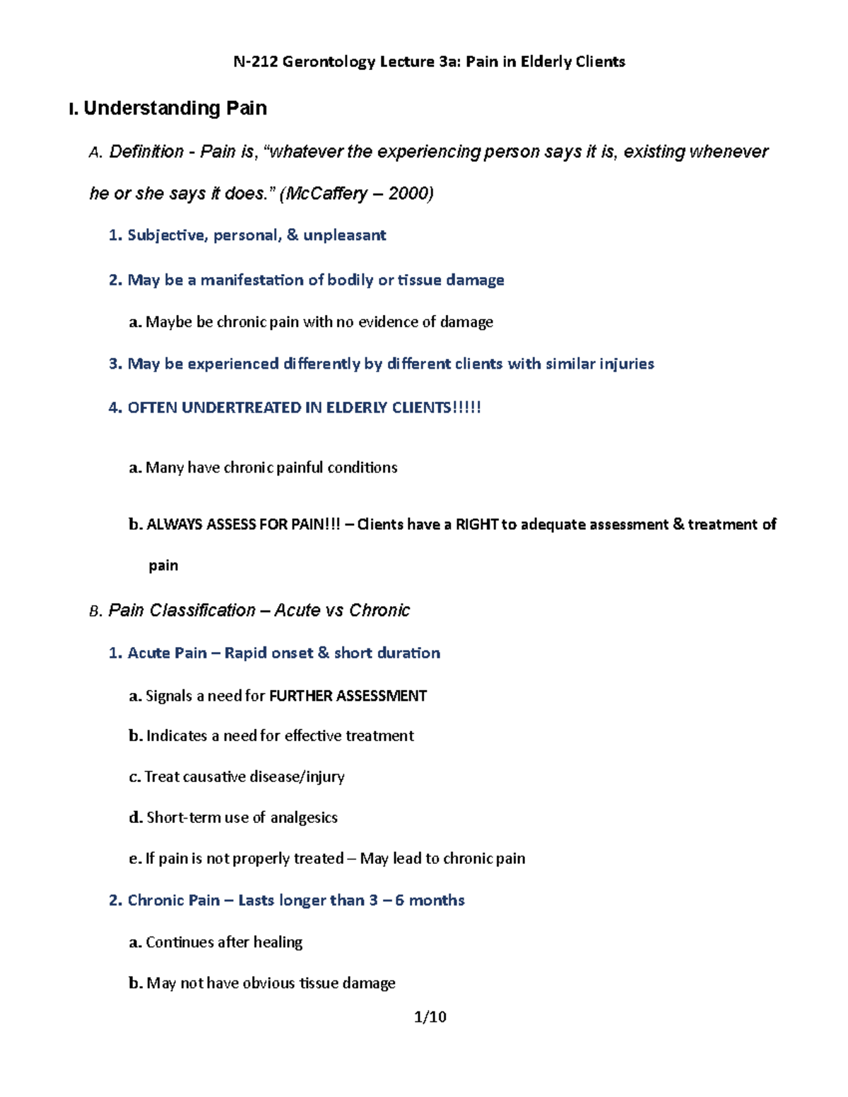 N-212 Lecture 3b Pain1 - Nursing - I. Understanding Pain A. Definition ...