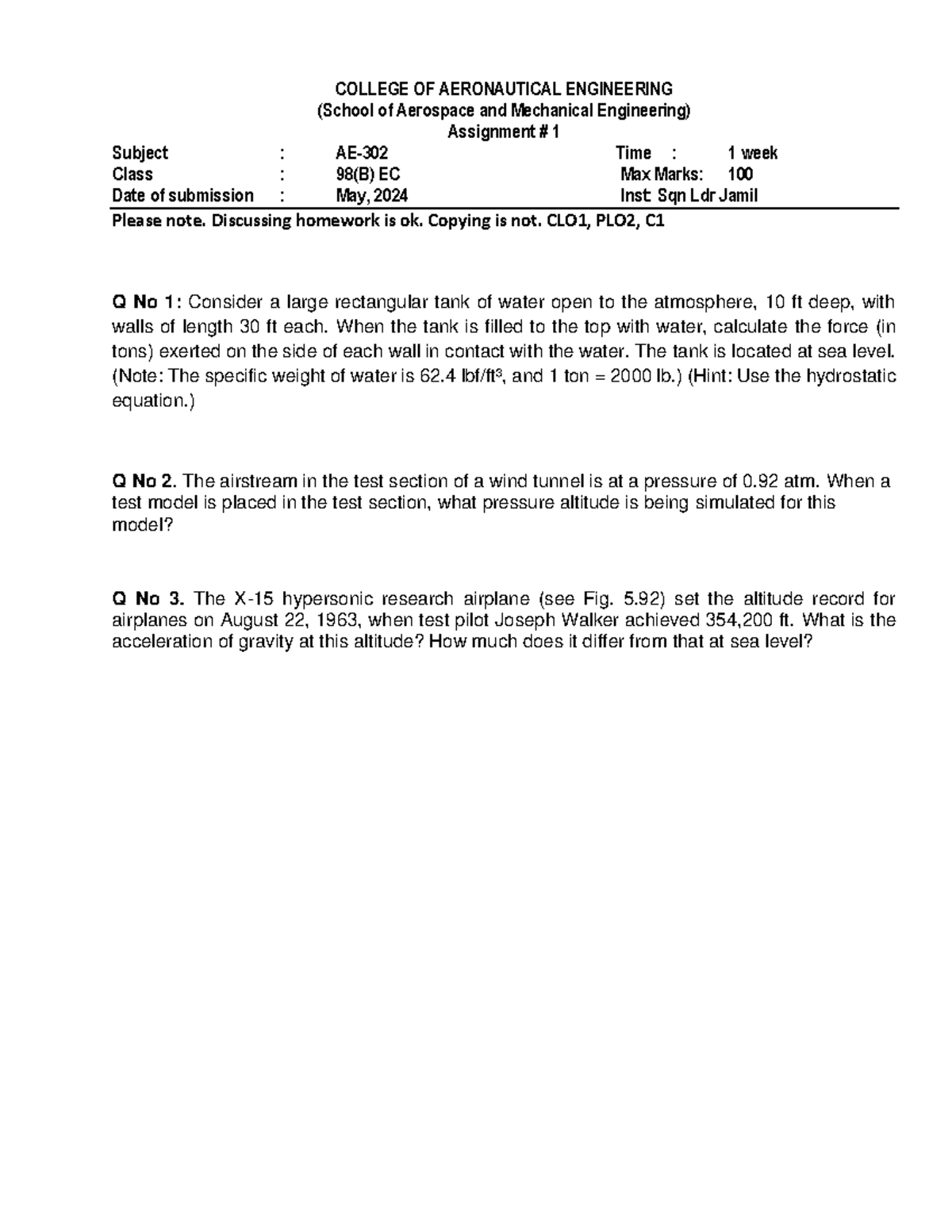 Assignment 1 AE 302 - COLLEGE OF AERONAUTICAL ENGINEERING (School of Aerospace and Mechanical ...