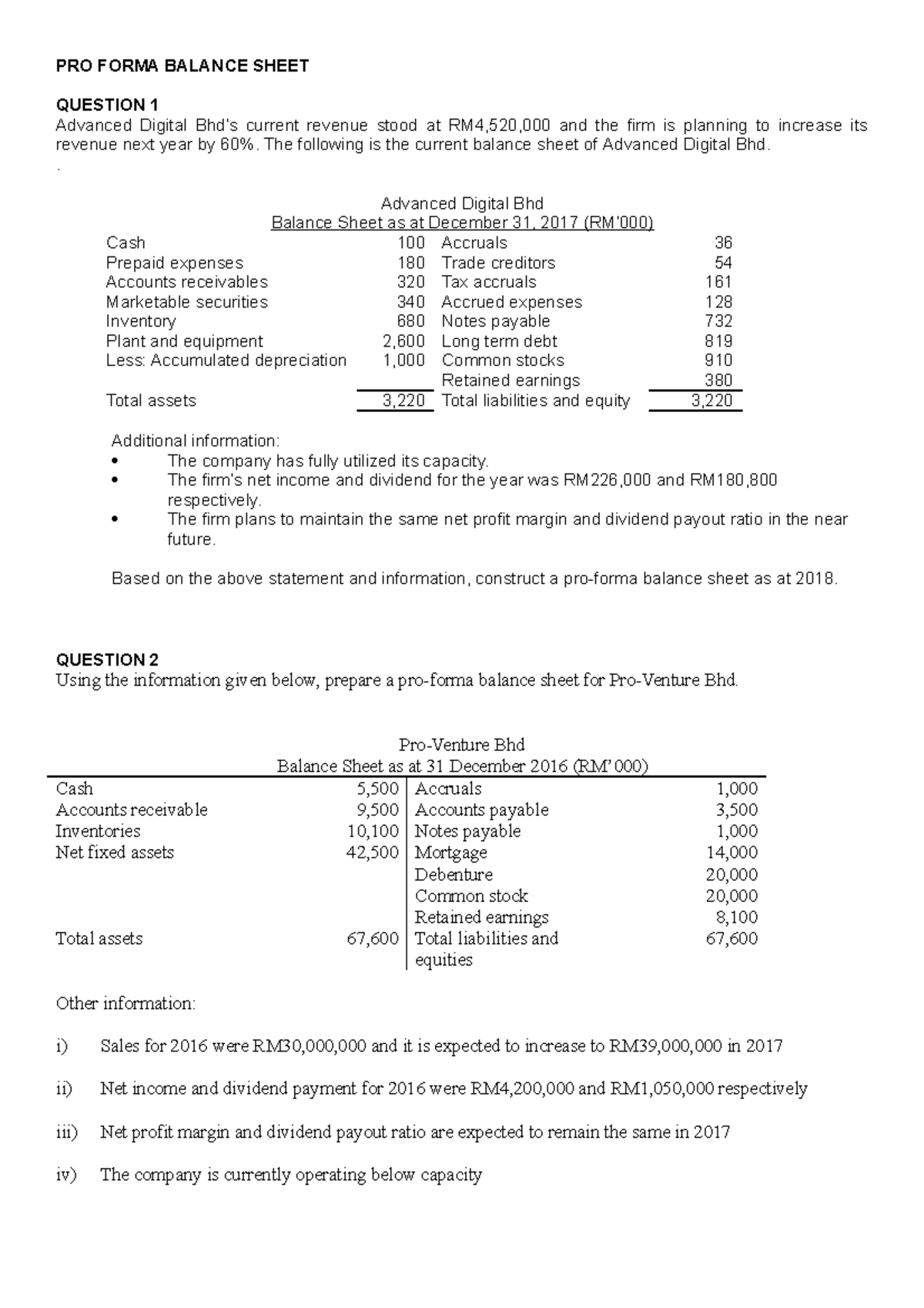 Tutorial Questions ON Forma Balance Sheet - PRO FORMA BALANCE SHEET ...
