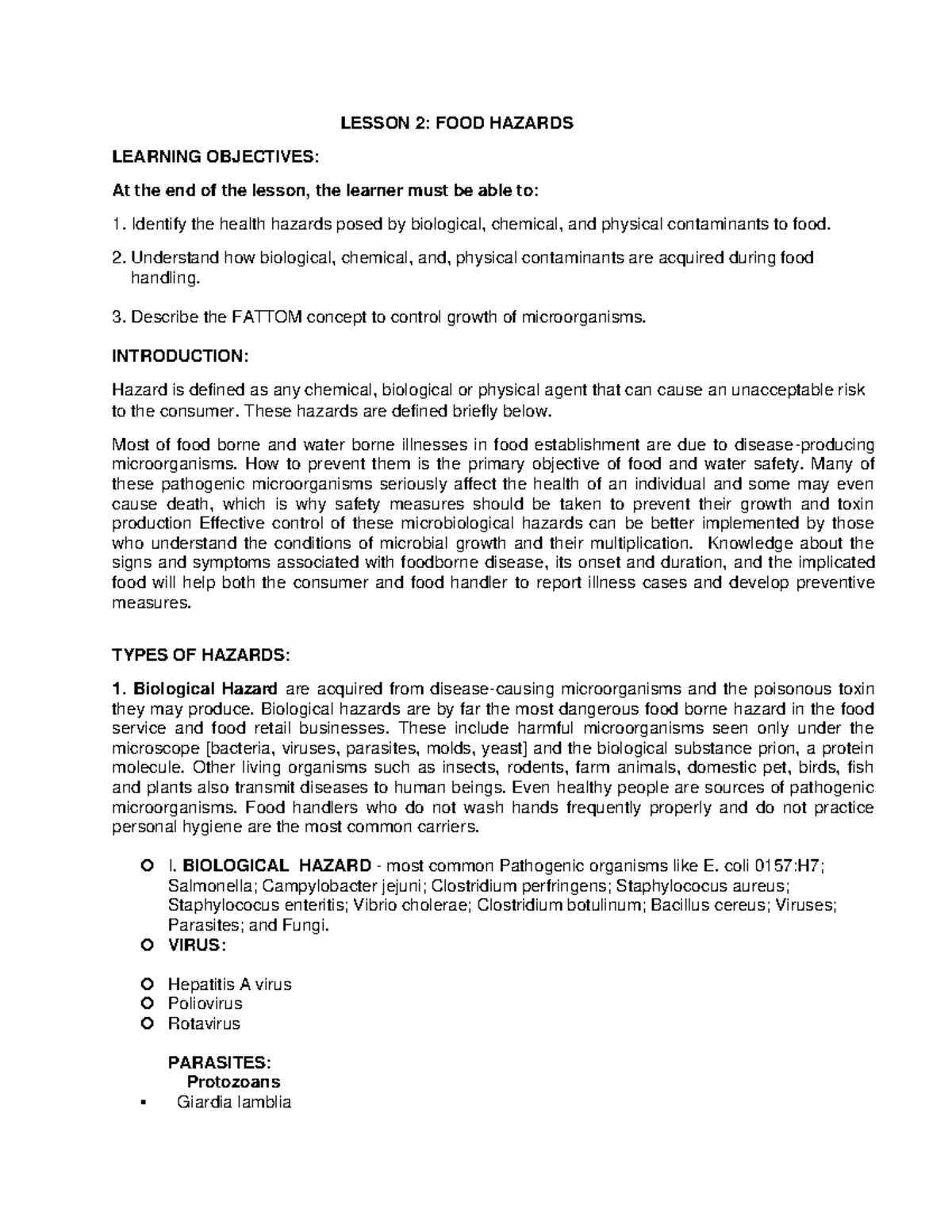 Lesson 2-Food Hazards - LESSON 2: FOOD HAZARDS LEARNING OBJECTIVES: At ...