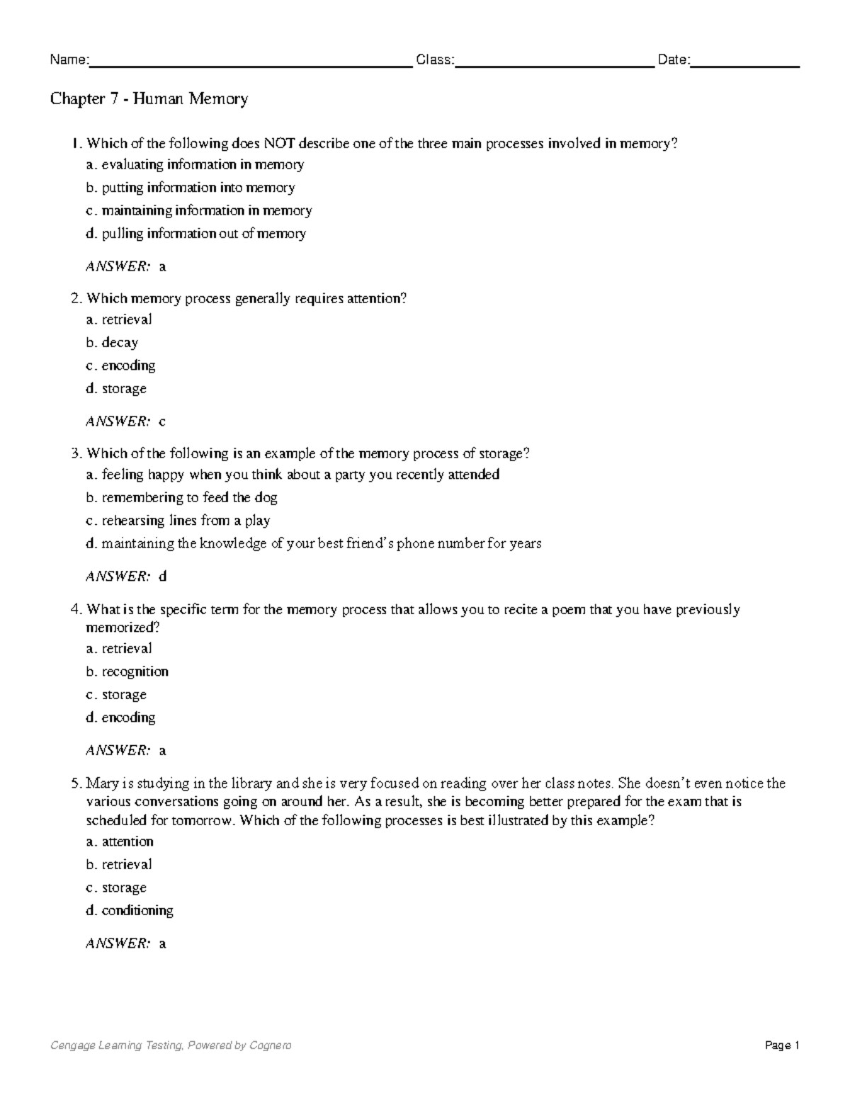 Chapter 7 Human Memory - practice material - Which of the following ...