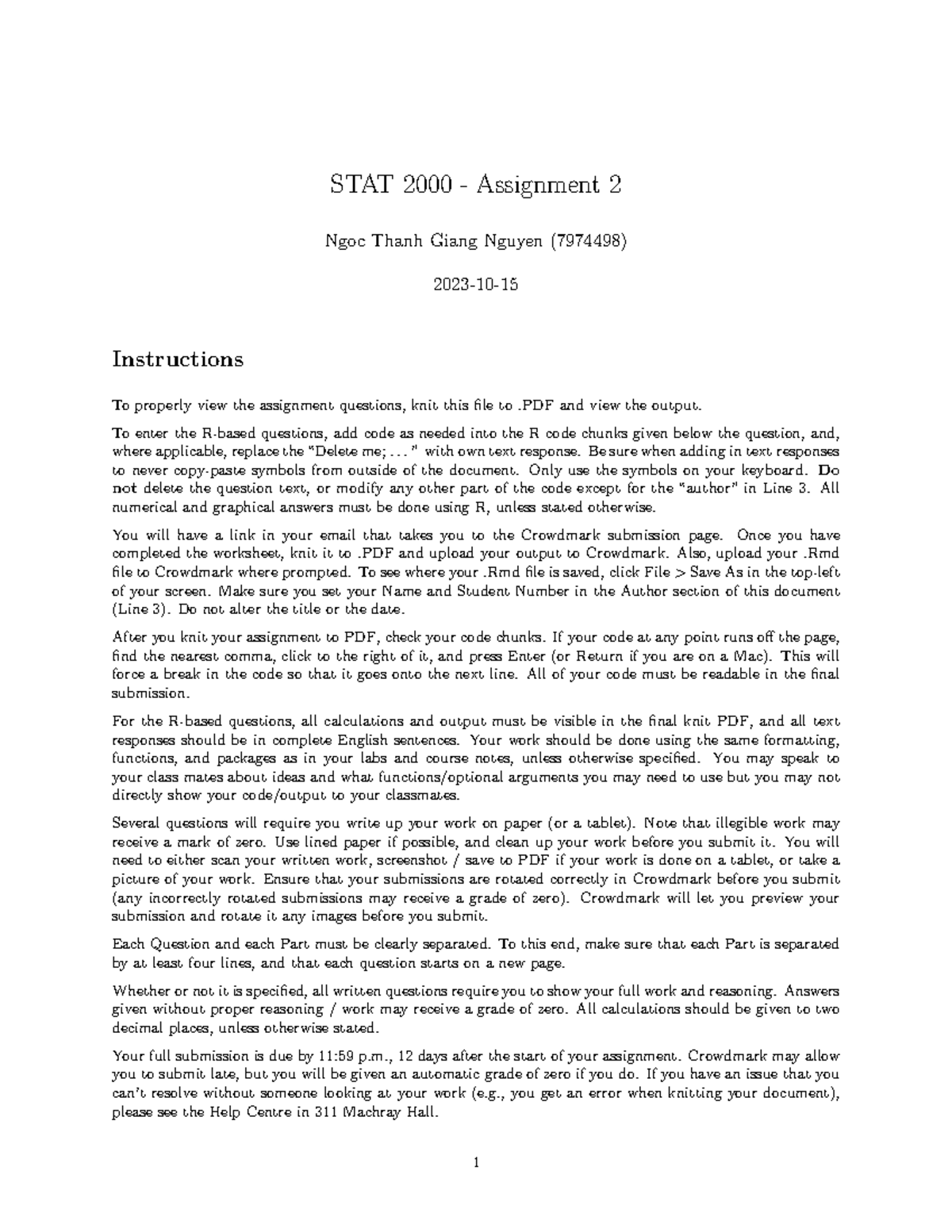 STAT 2000 Assignment 2 Student Version Tuesday - STAT 2000 - Assignment ...