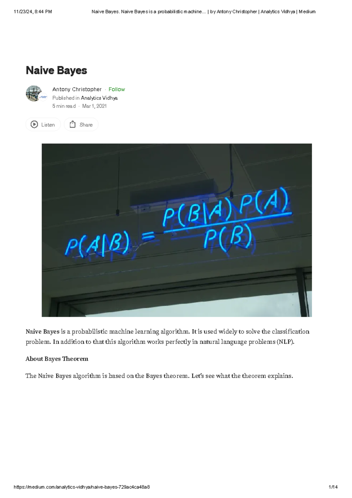 Naive Bayes. Naive Bayes 1 - Naive Bayes Antony Christopher · Follow ...
