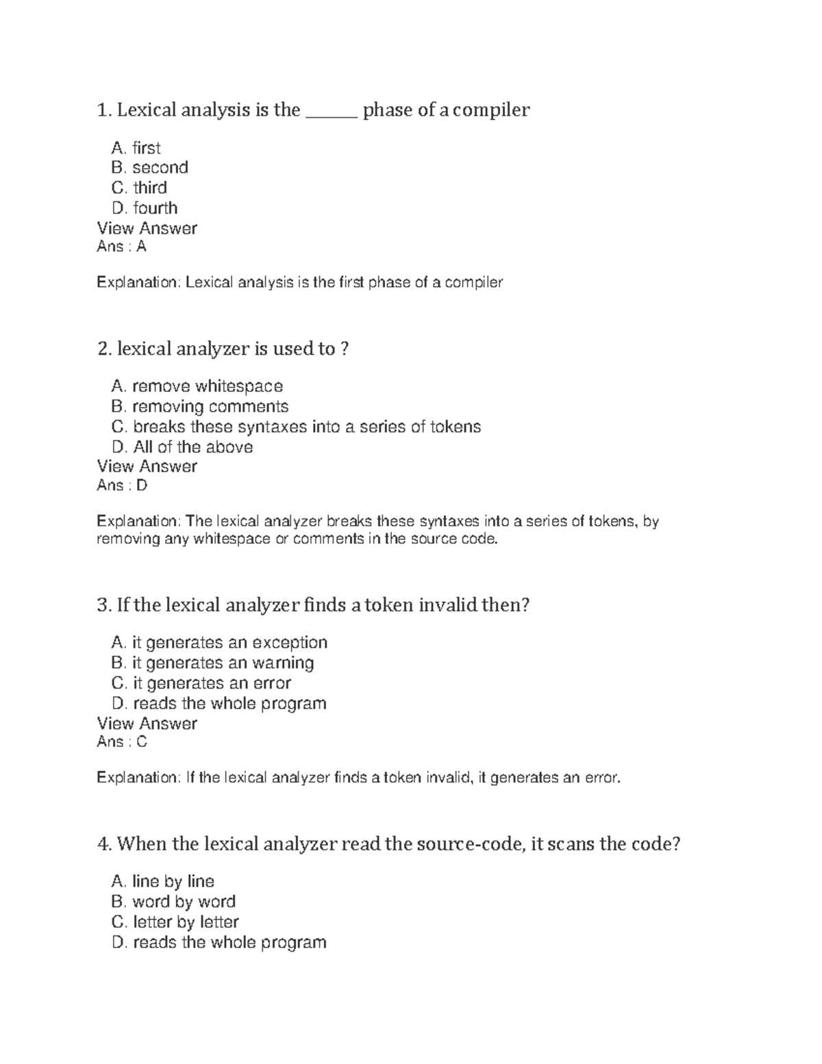 MCQ Lexical - mcq - 1. Lexical analysis is the _______ phase of a compiler A. first B. second C ...