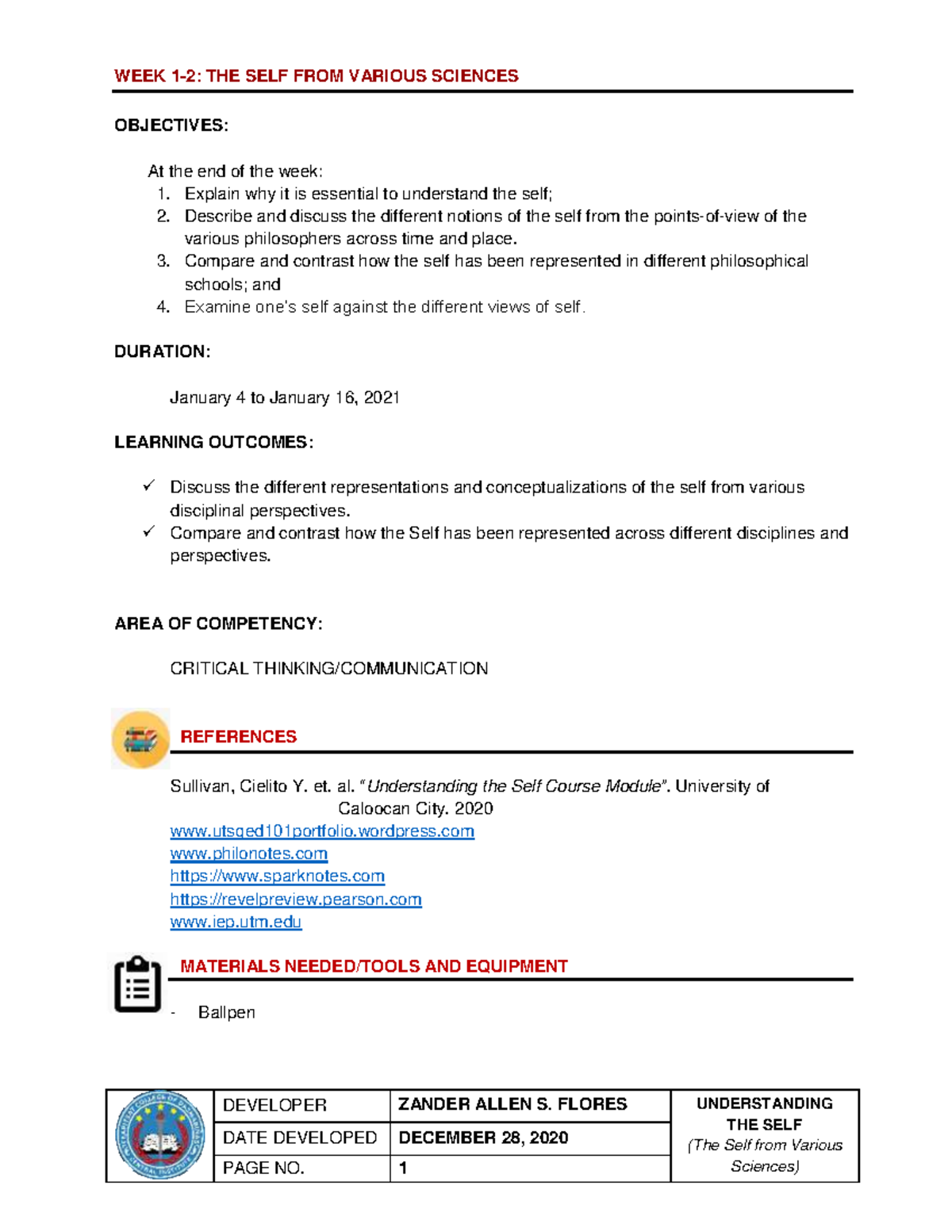 Week 1-2 PDF ZASF UTS THE SELF FROM Various Sciences - DEVELOPER ZANDER ...