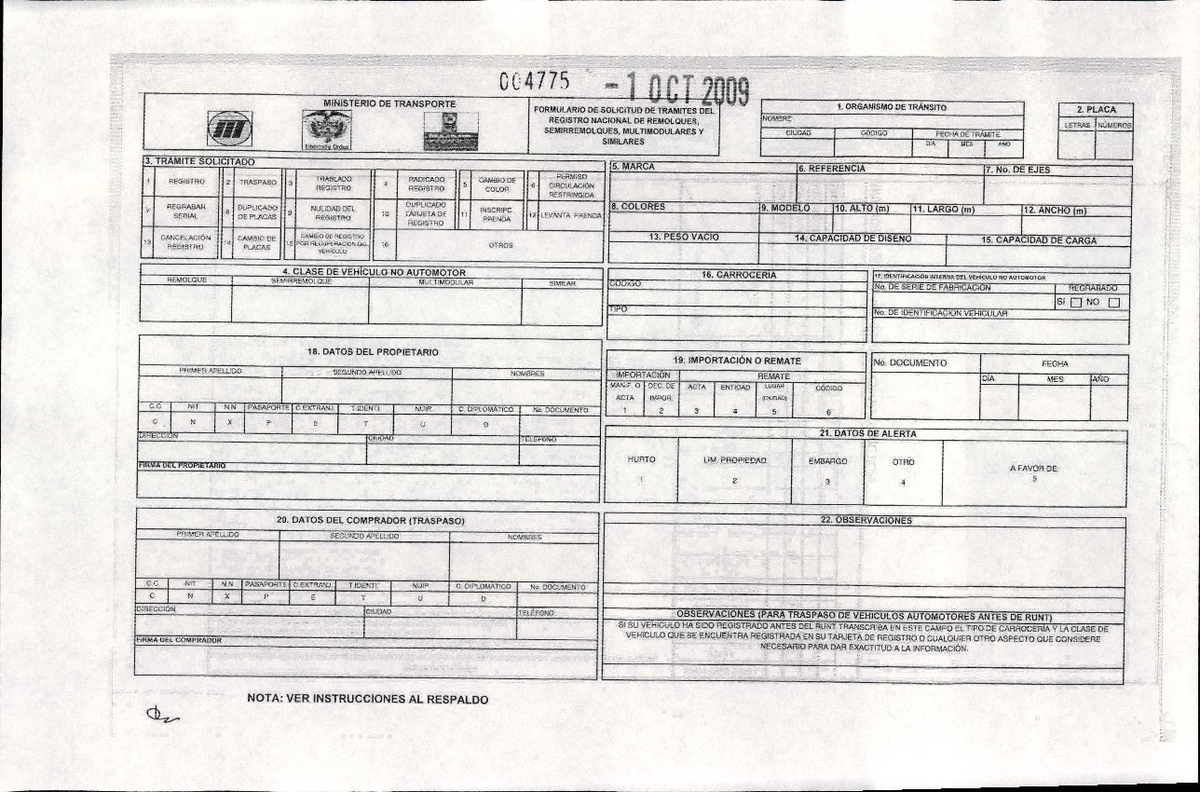 Formulario DE Solicitud DE Tramites DEL Registro Nacional DE Remolques ...