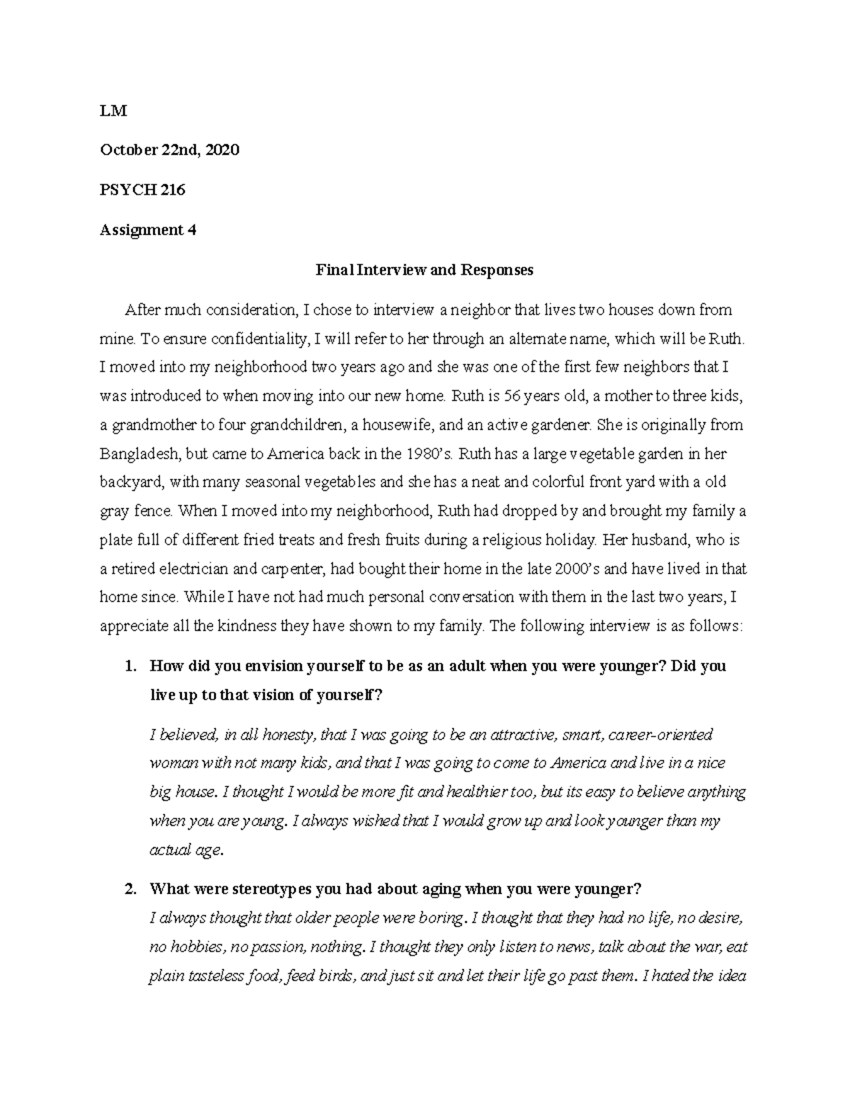 Final Interview Assignment 4 - LM October 22nd, 2020 PSYCH 216 ...