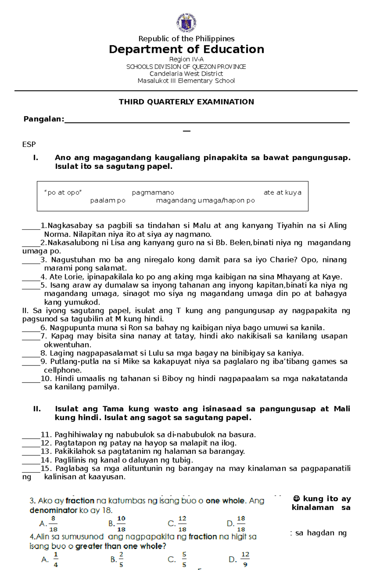 3RD Quarter Assessment - Republic of the Philippines Department of ...