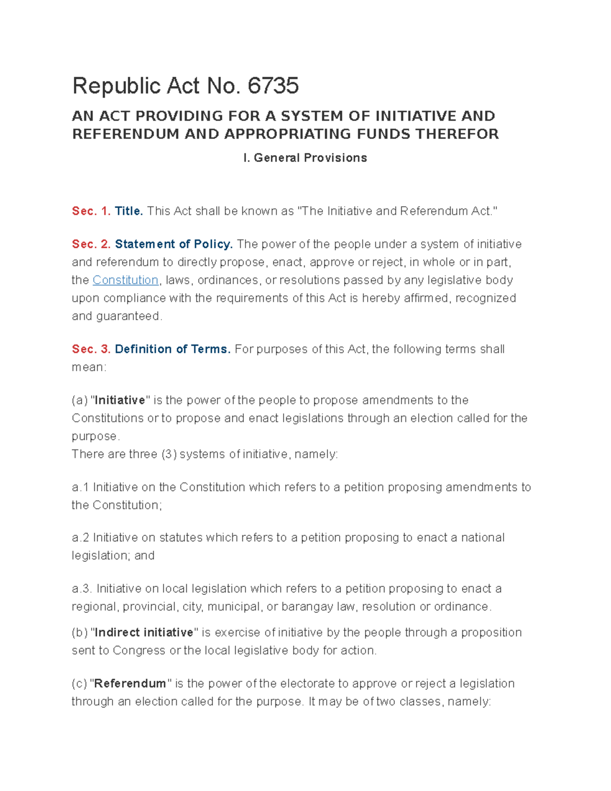 Republic Act No 6735 DIGEST Republic Act No 6735 AN ACT PROVIDING