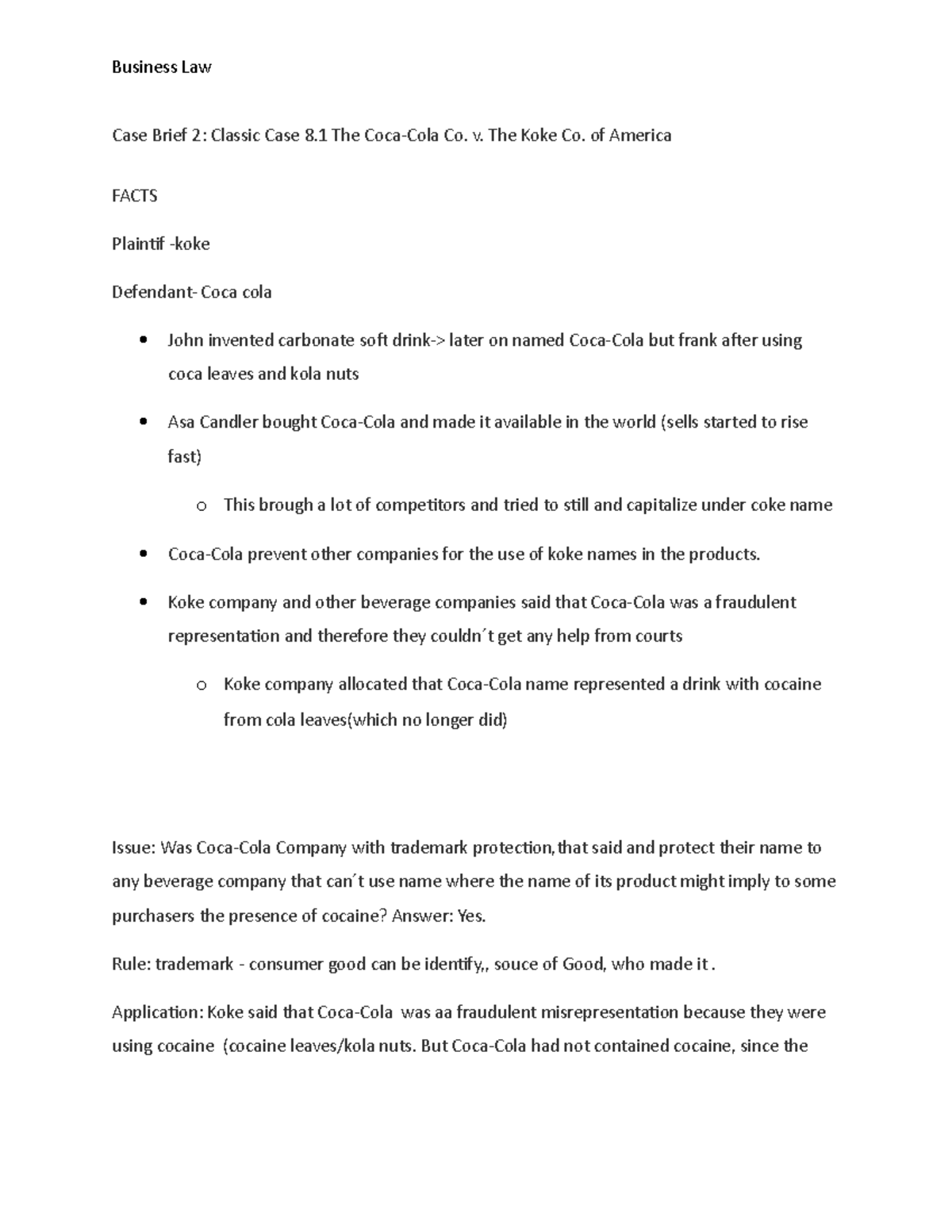Coca-cola case - Case analysis Coca Cola - Business Law Case Brief 2 ...