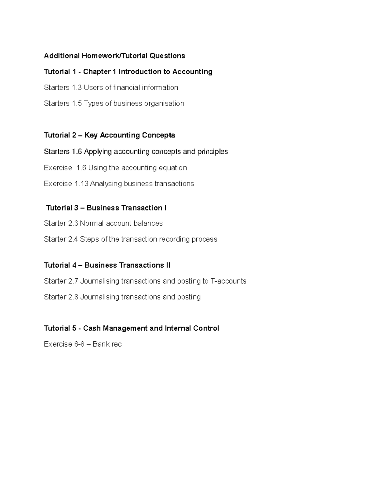Additional Questions Tutorial 1 - 12 Student List - Additional Homework ...