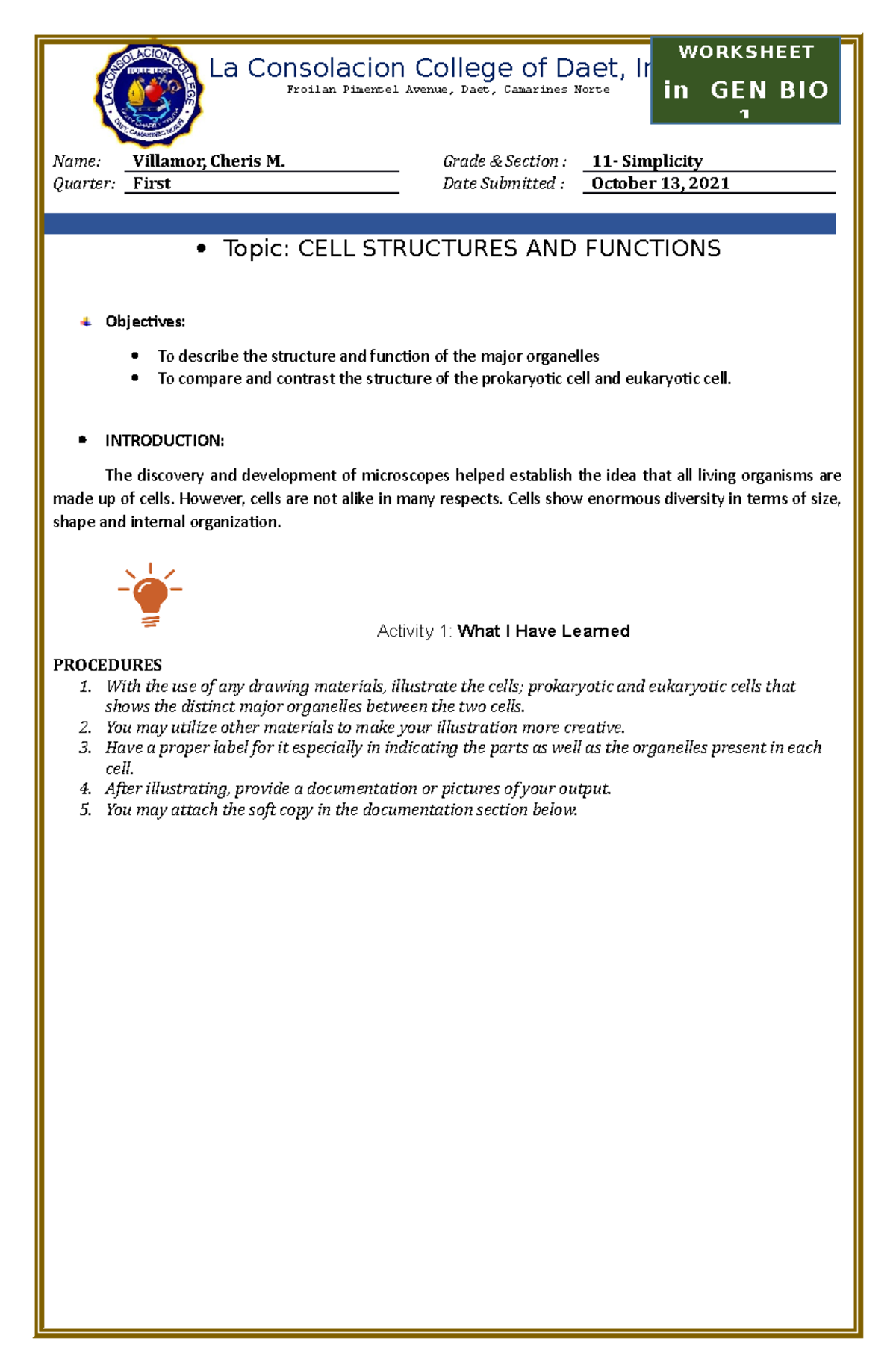 Laboratory Worksheet 2- Cell Structures and Functions - La Consolacion ...