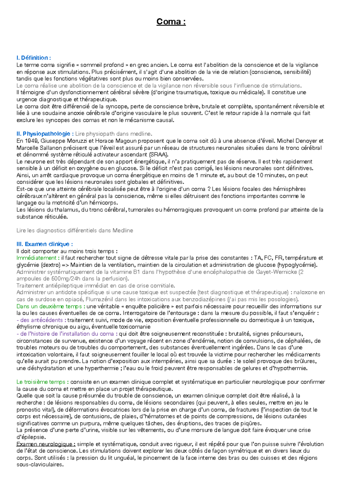 Notes DE Cours detaillées de Comas - Coma : I. Défnition : Le terme ...