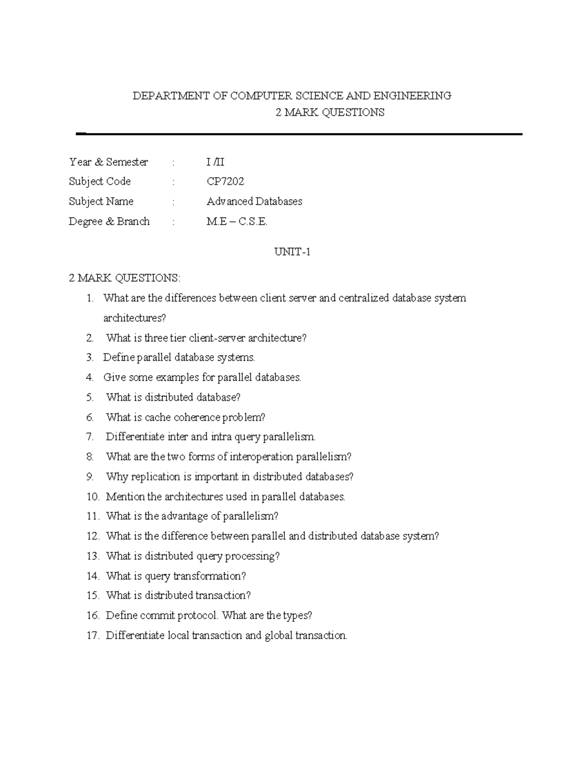 CP7202-Advanced Databases 2marks Q - DEPARTMENT OF COMPUTER SCIENCE AND ENGINEERING 2 MARK ...