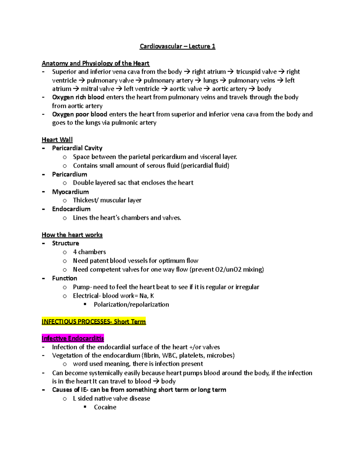 CNUR 204- Lecture 1 Notes - Cardiovascular – Lecture 1 Anatomy and ...