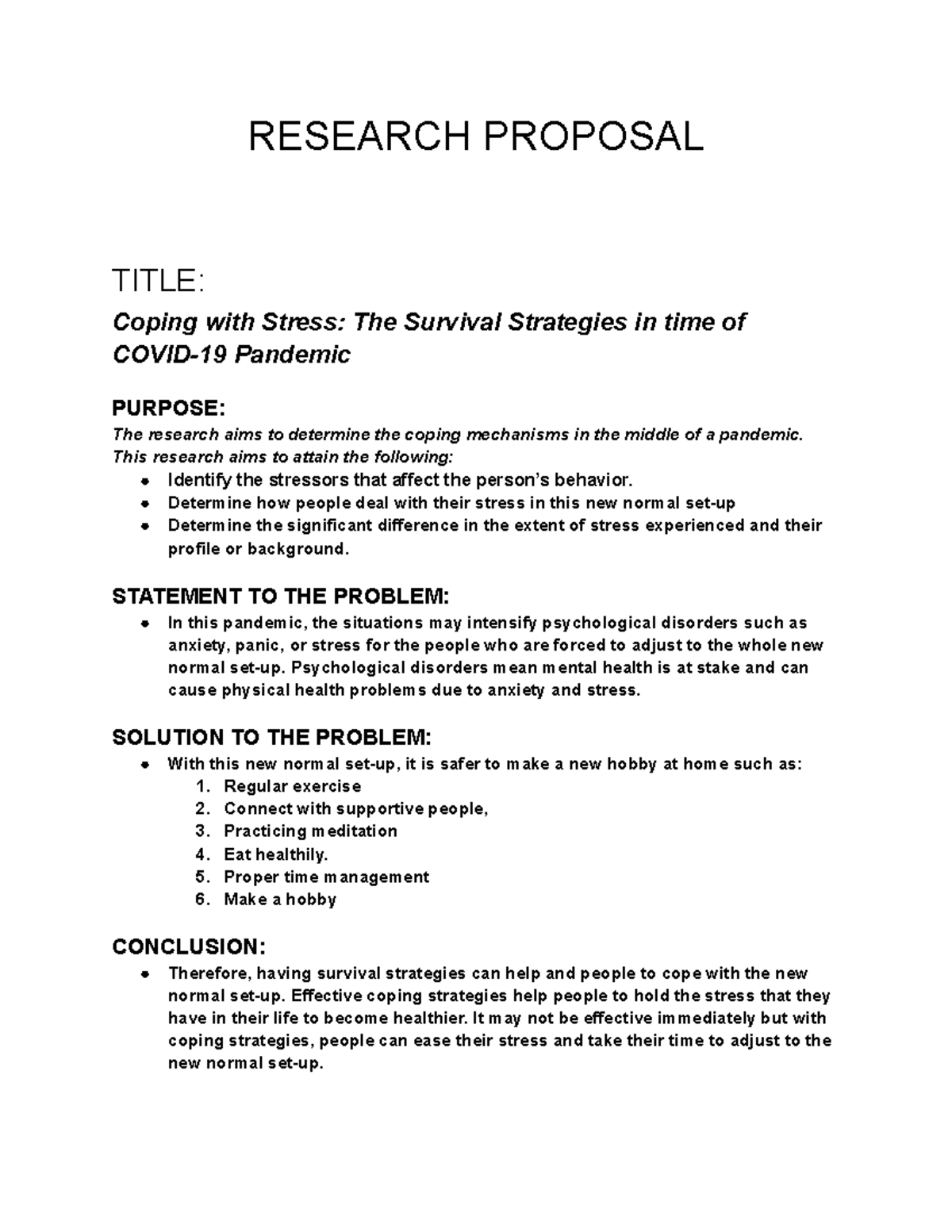 Research Proposal - Coping with Stress: The Survival Strategies in time ...