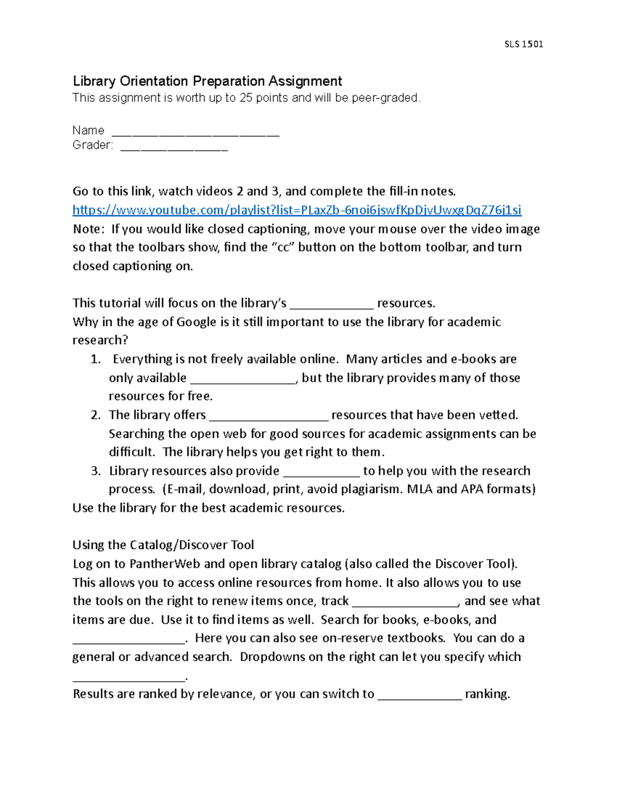 Library Orientation Pre-work - SLS 1501 Library Orientation Preparation ...