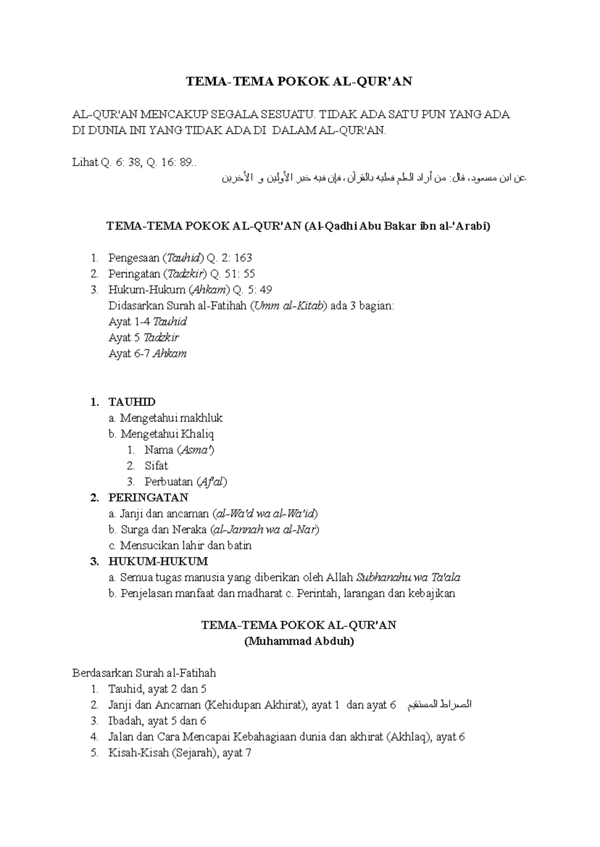 Tema-Tema Pokok Al-Qur'an Bagian 1 - TEMA-TEMA POKOK AL-QUR'AN AL-QUR'AN MENCAKUP SEGALA SESUATU ...