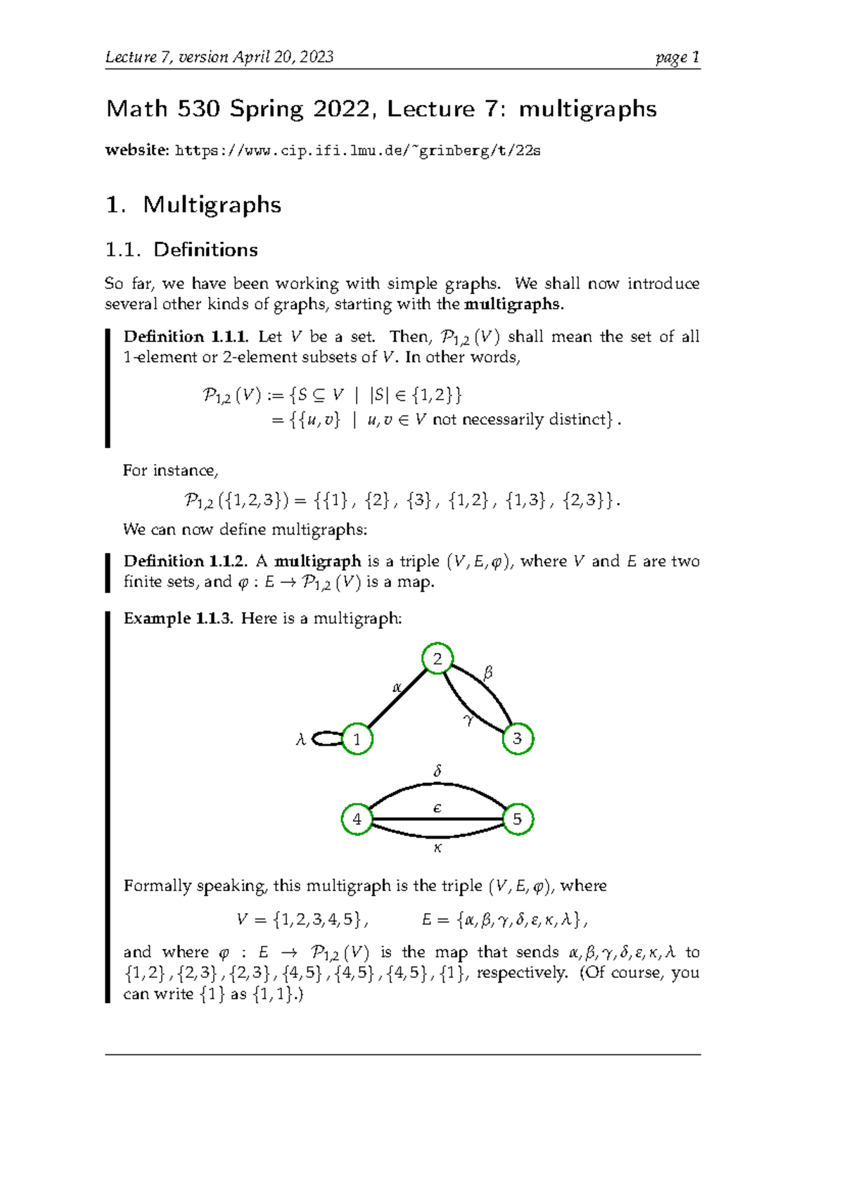 Lec7 - Math 530 Spring 2022, Lecture 7: multigraphs website: cip.ifi ...
