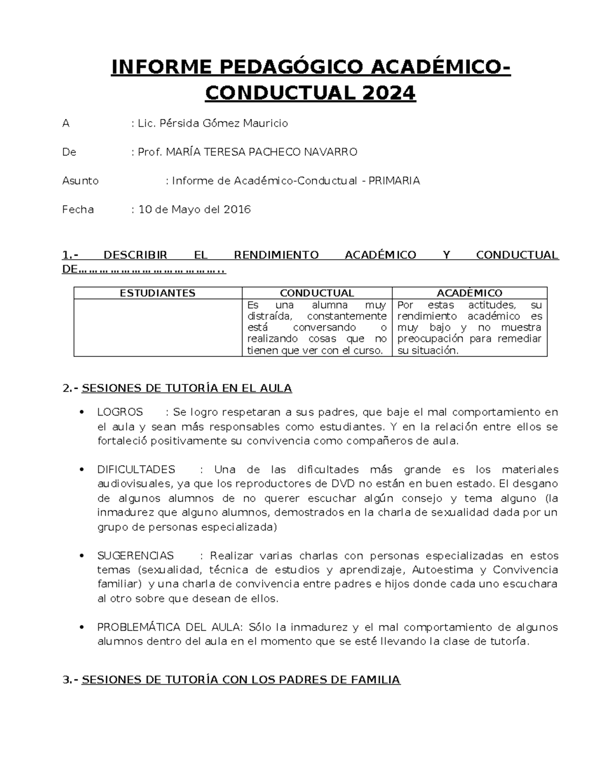 Modelo DE Informe 2024 - INFORME PEDAGÓGICO ACADÉMICO- CONDUCTUAL 2024 ...