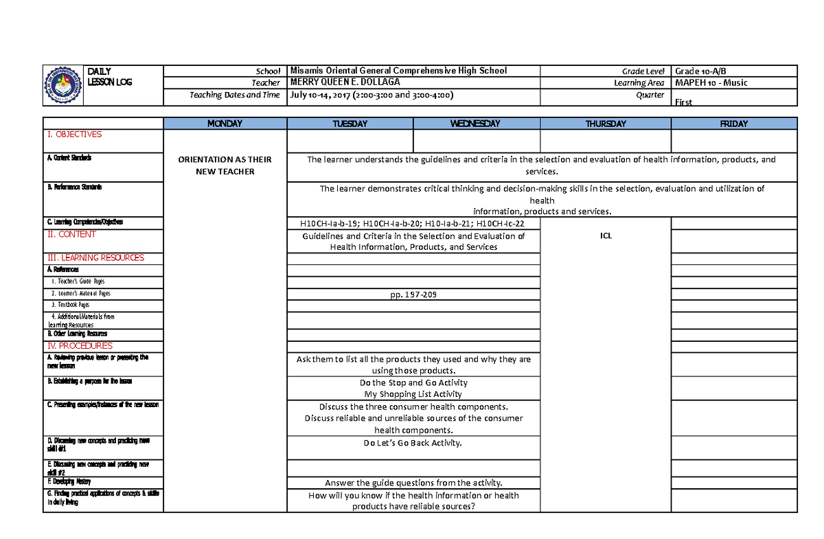 Mapeh 10 dll complete - DLL sample - DAILY LESSON LOG School Misamis ...