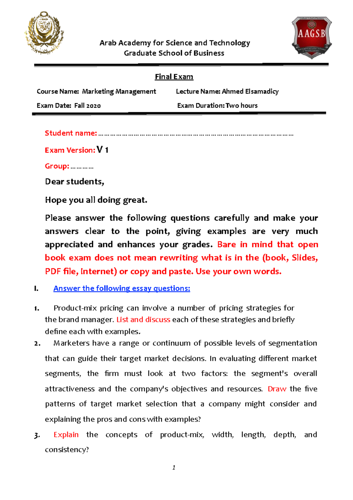 V1 Final Marketing Management Exam - Arab Academy for Science and ...