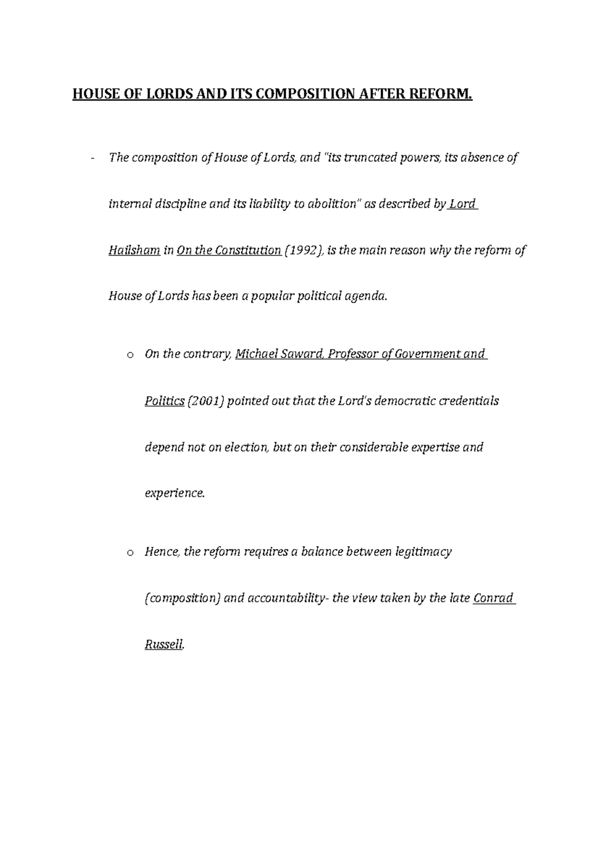 House of Lords - HOUSE OF LORDS AND ITS COMPOSITION AFTER REFORM. The ...