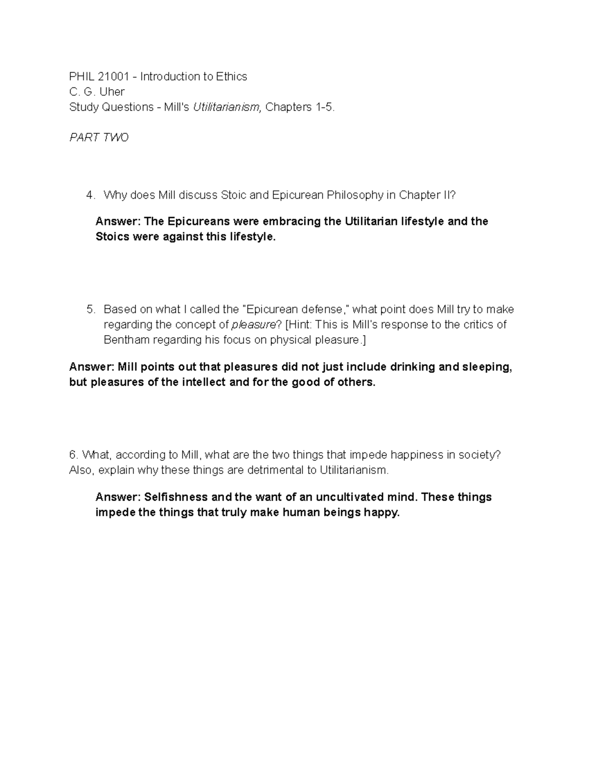 Study Questions Part 2 - PHIL 21001 - Introduction to Ethics C. G. Uher ...