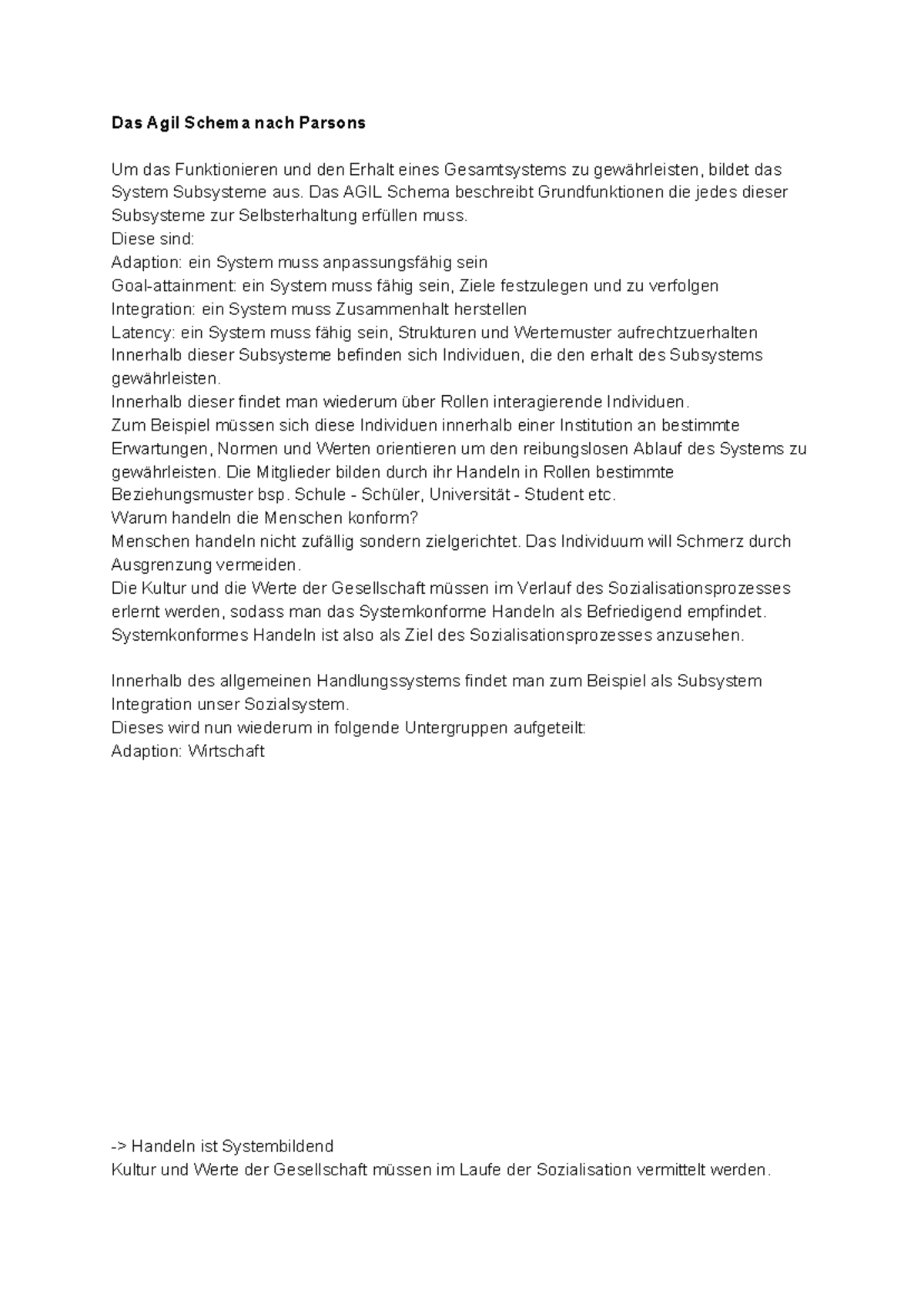 Das AGIL Schema - Das Agil Schema nach Parsons Um das Funktionieren und ...