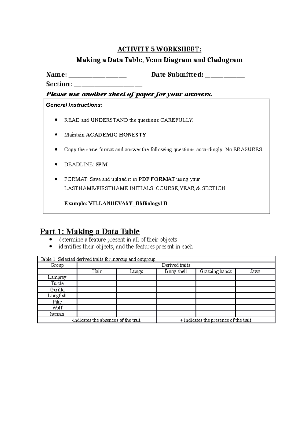Activity Worksheet - Module 5- Animal Systematics - ACTIVITY 5 ...