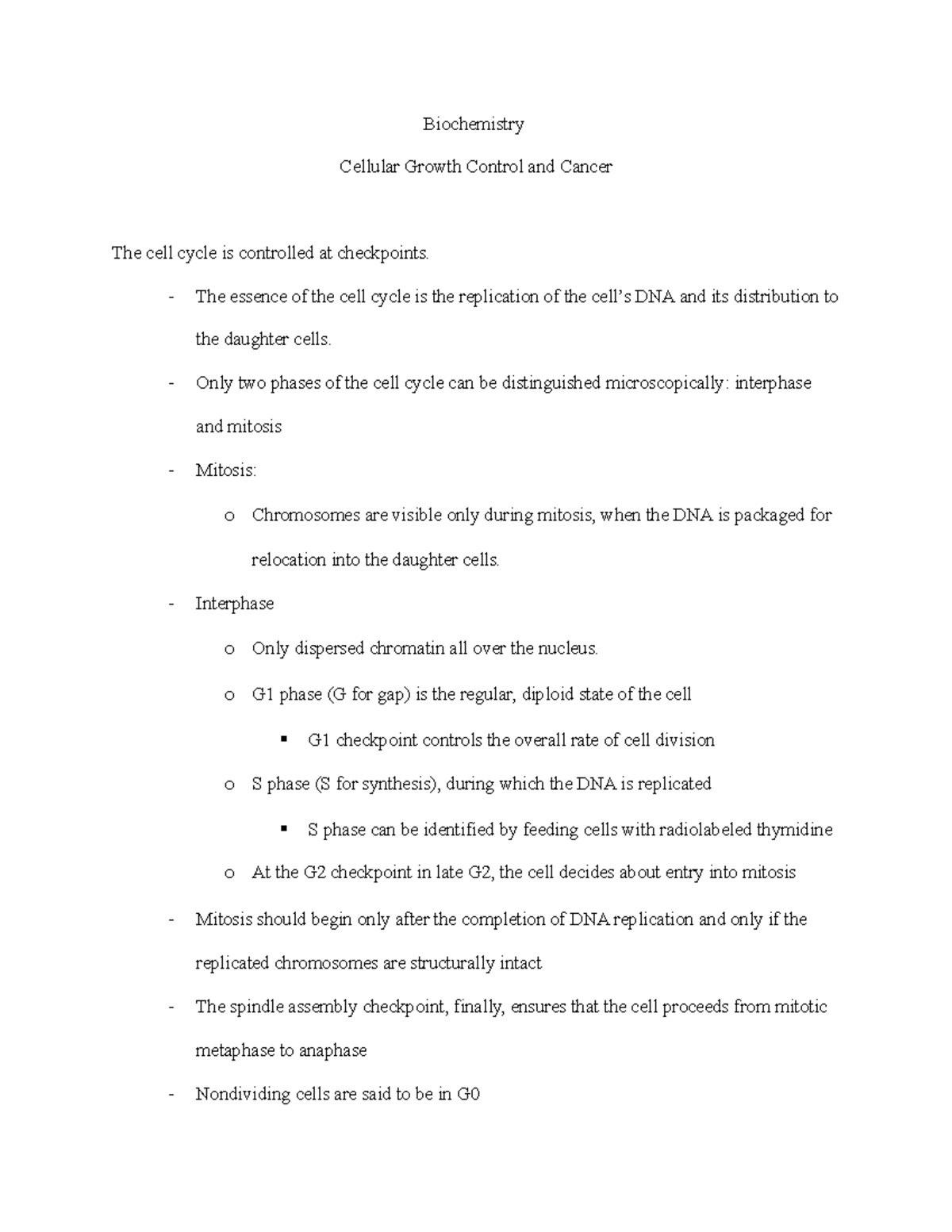 Biochemistry Cancer notes 1 - Biochemistry Cellular Growth Control and ...