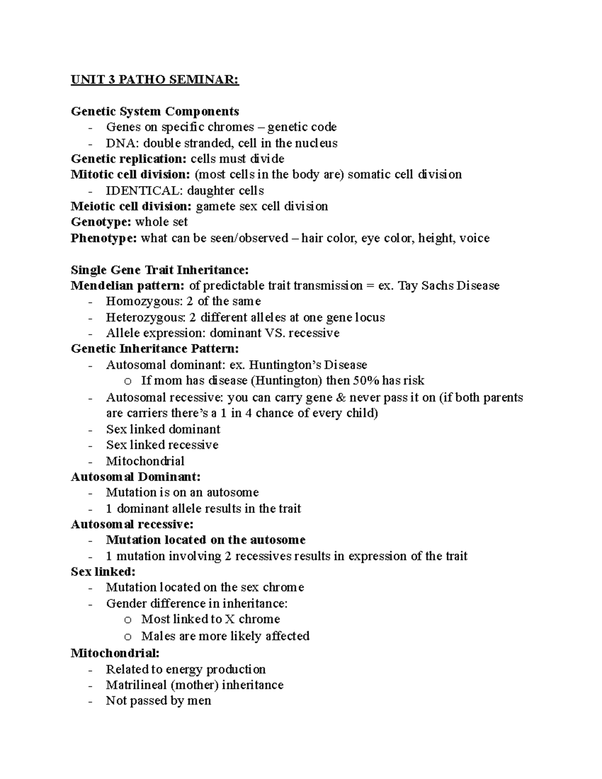 Unit 3 Patho Seminar - Unit 3 covered genetic mutations and the ...