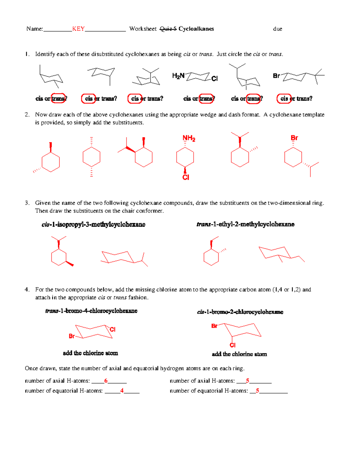 S21 2230 worksheet cycloalkanes KEY - Name:KEY____ Worksheet Quiz 5 ...