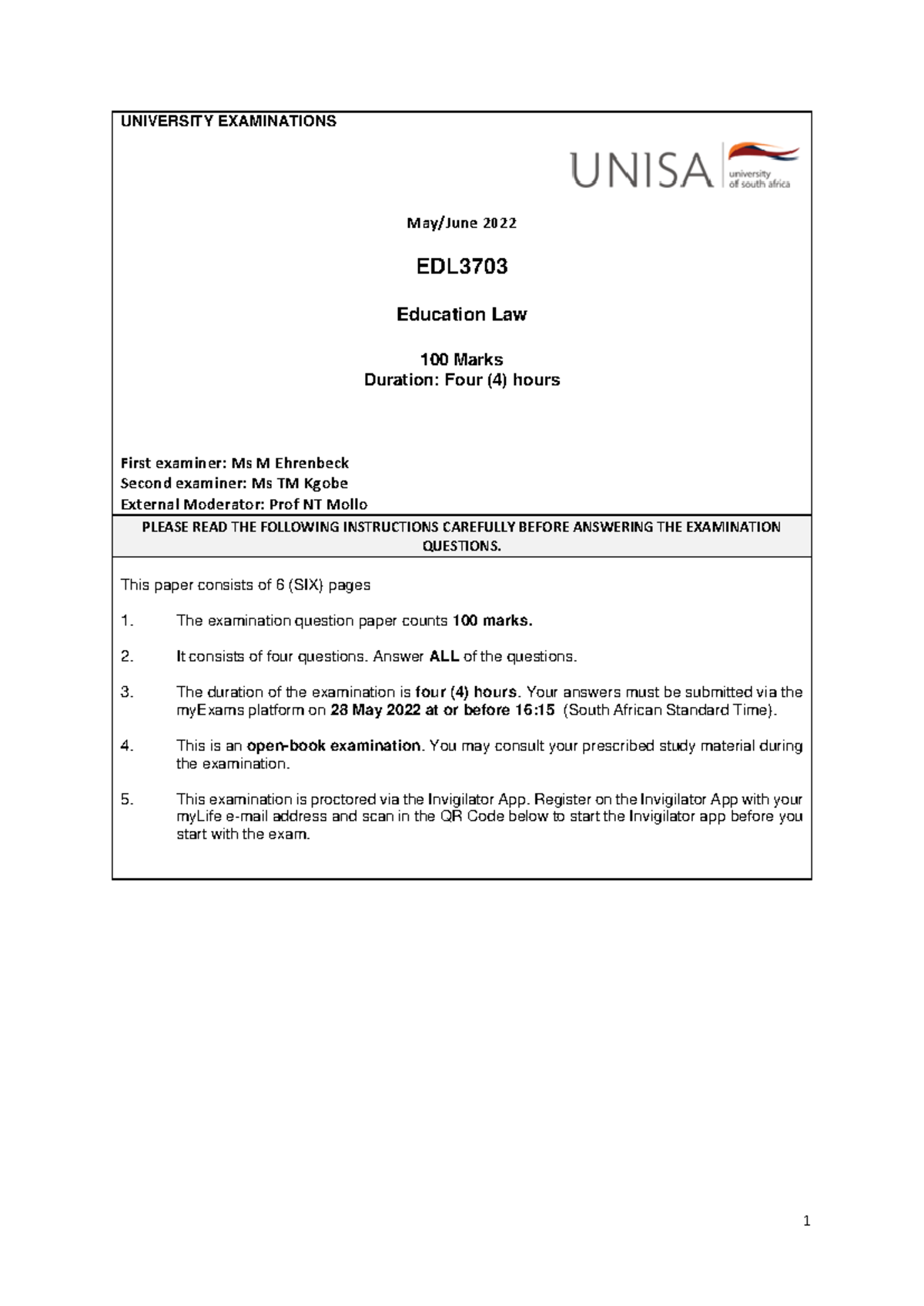 EDL3703 May June 2022 - EXAM PREPARATIONS - UNIVERSITY EXAMINATIONS May ...